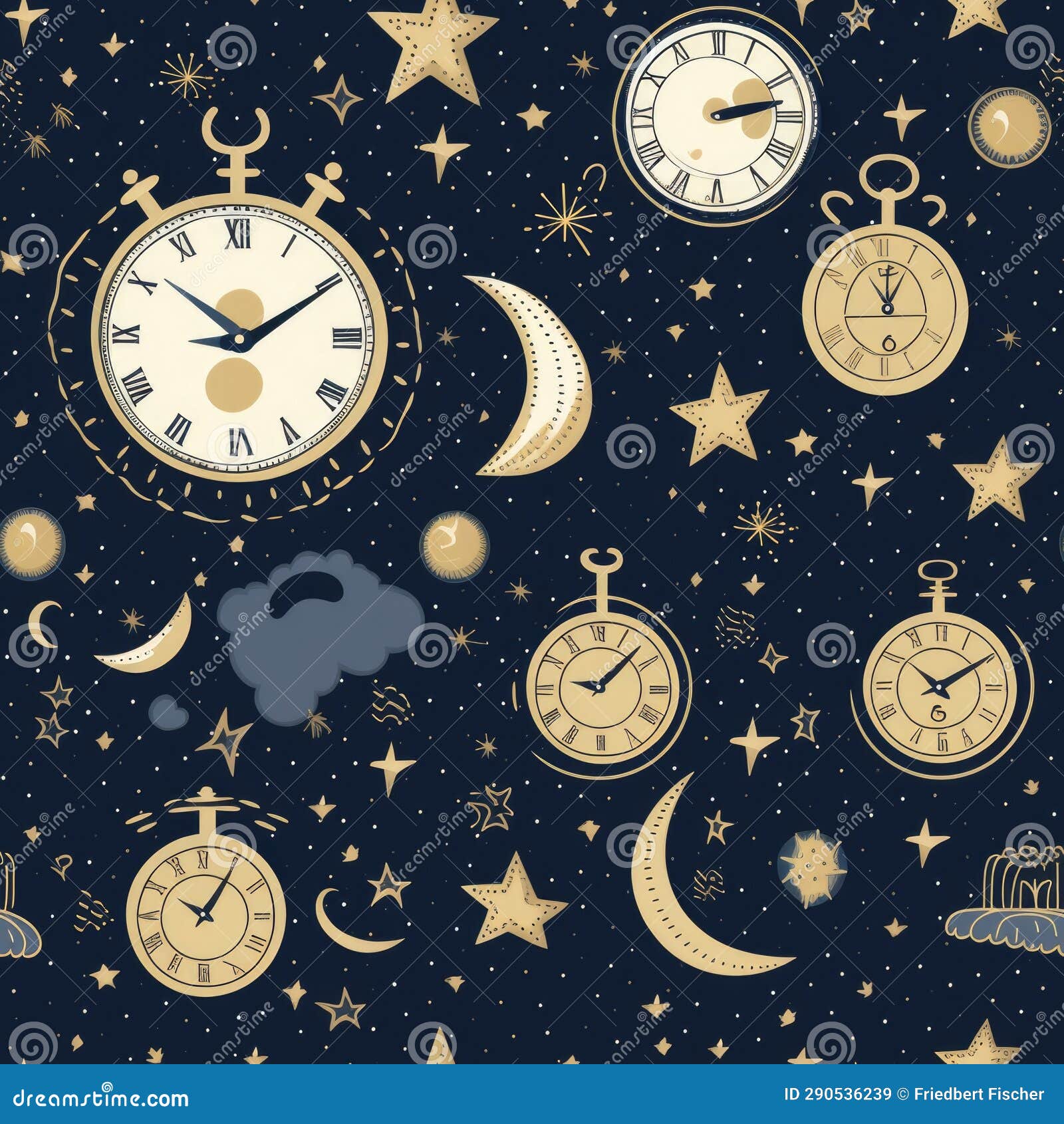 A Pattern of Clocks and Stars on a Dark Blue Background. Seamless ...