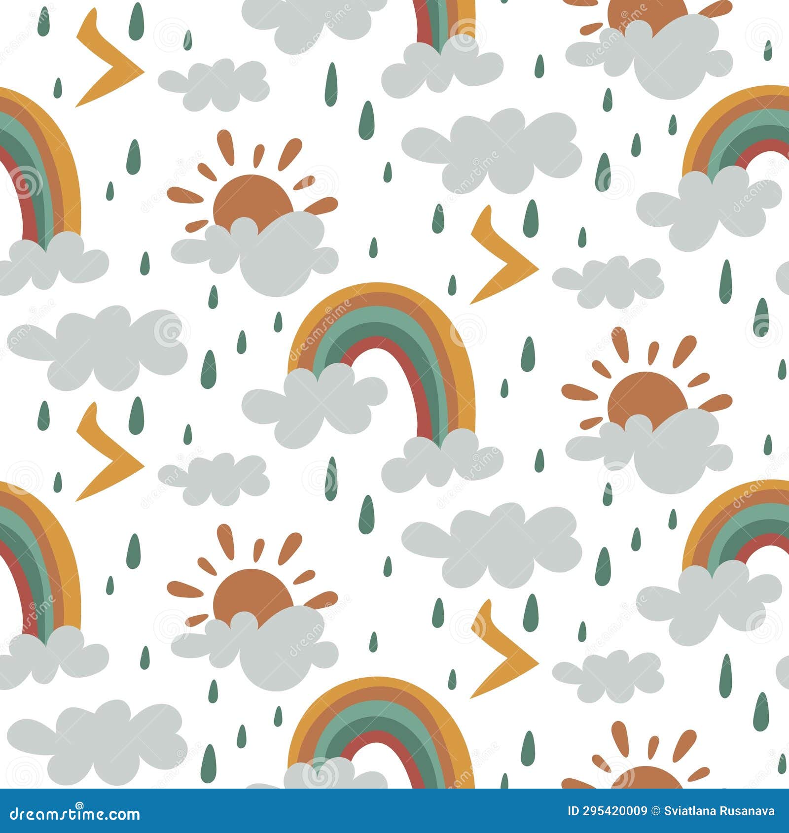 A Pattern of Clouds, Sun, Rainbows, Thunderstorms with Rain on a White ...