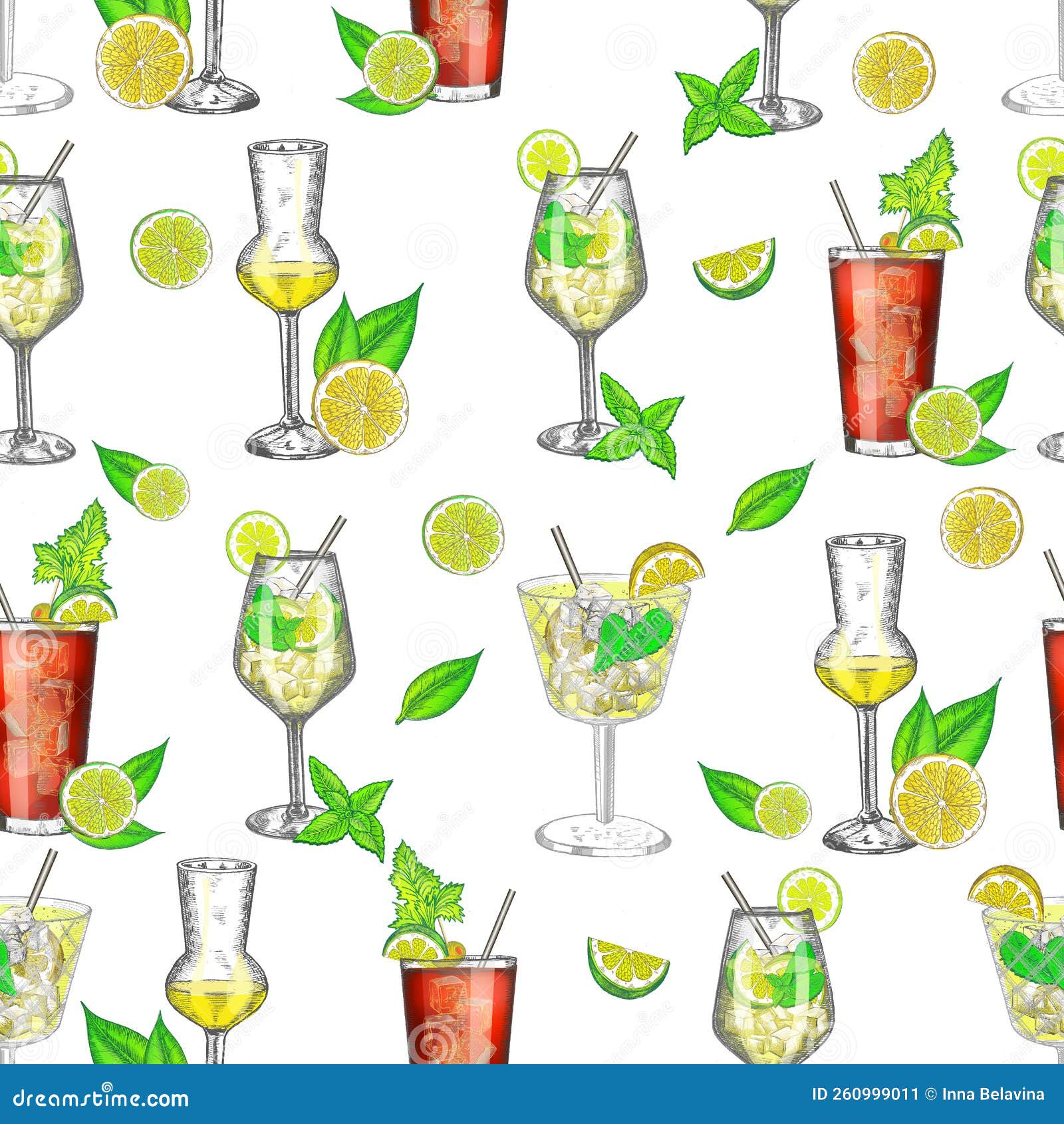 Pattern with Cocktails. Repeating Pattern with Summer Drinks. Hand ...