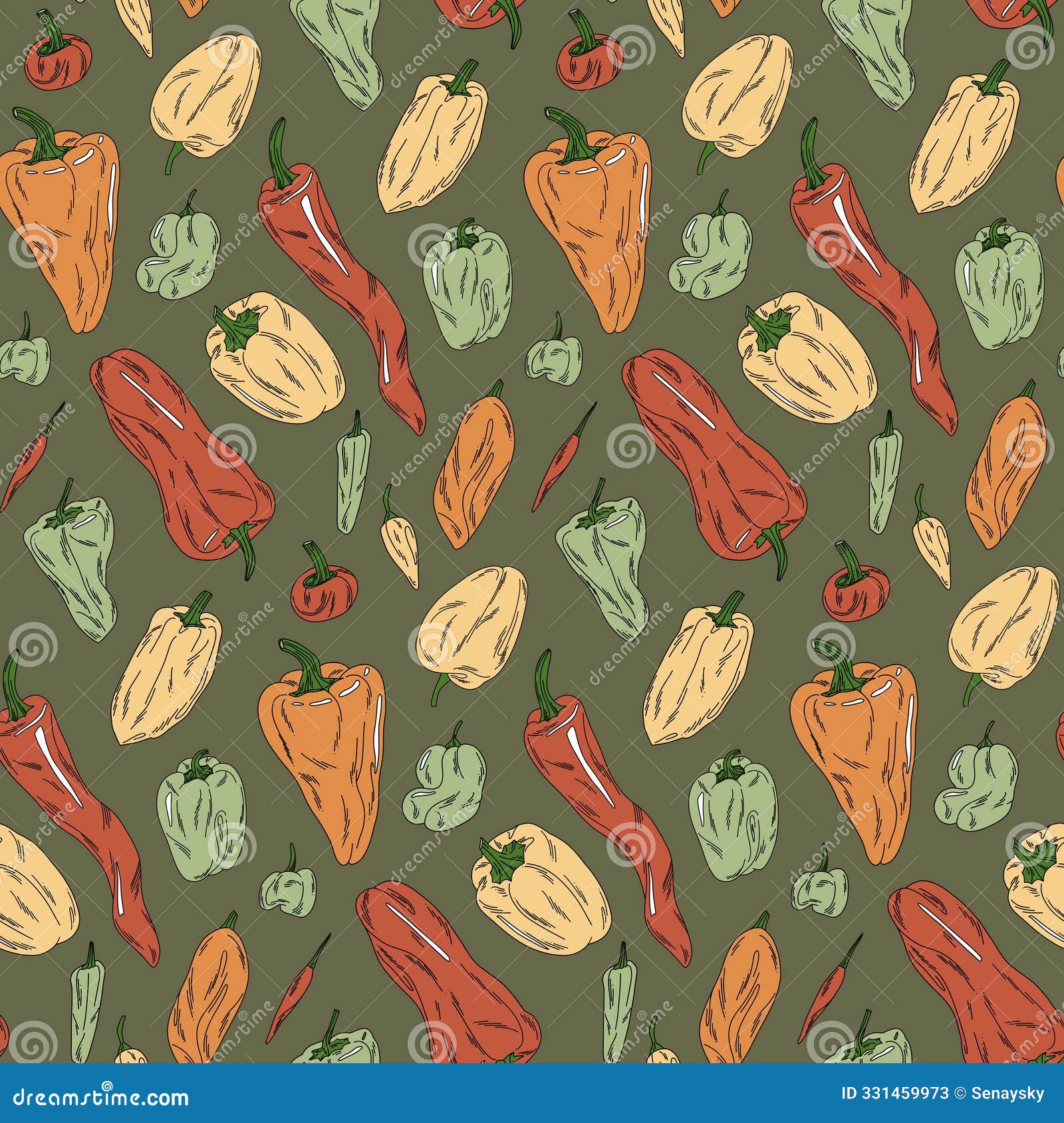 Pattern of Colored Paprika on Green Background, Illustration of Pepper ...