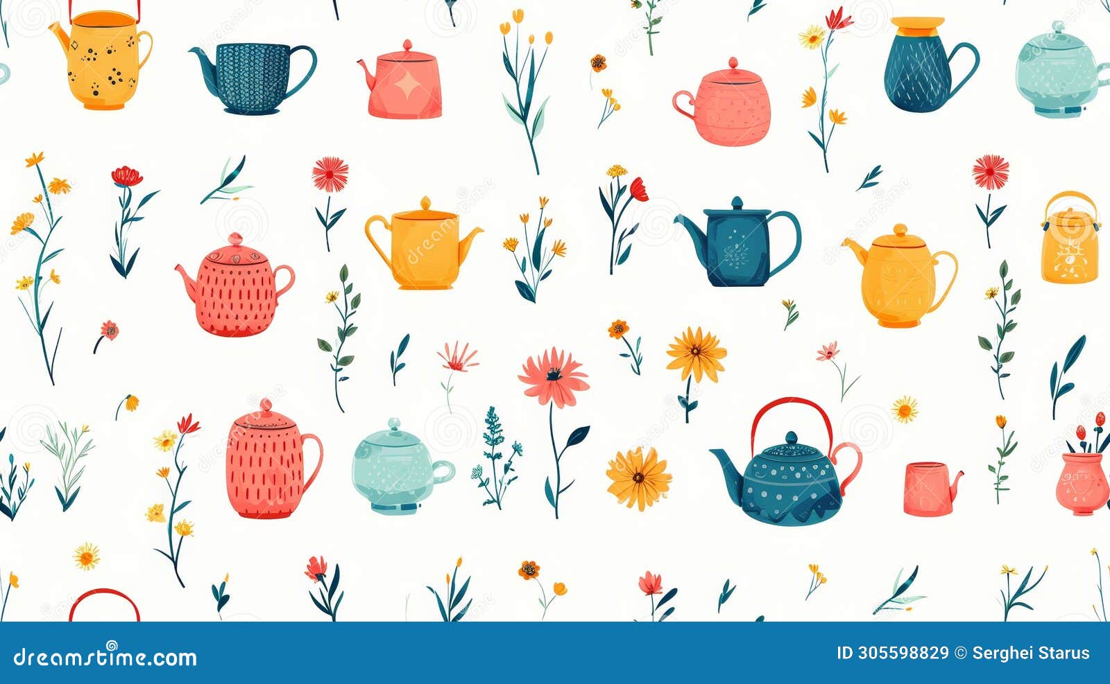 A Pattern of a Colorful Tea Pot and Flower Design, AI Stock ...