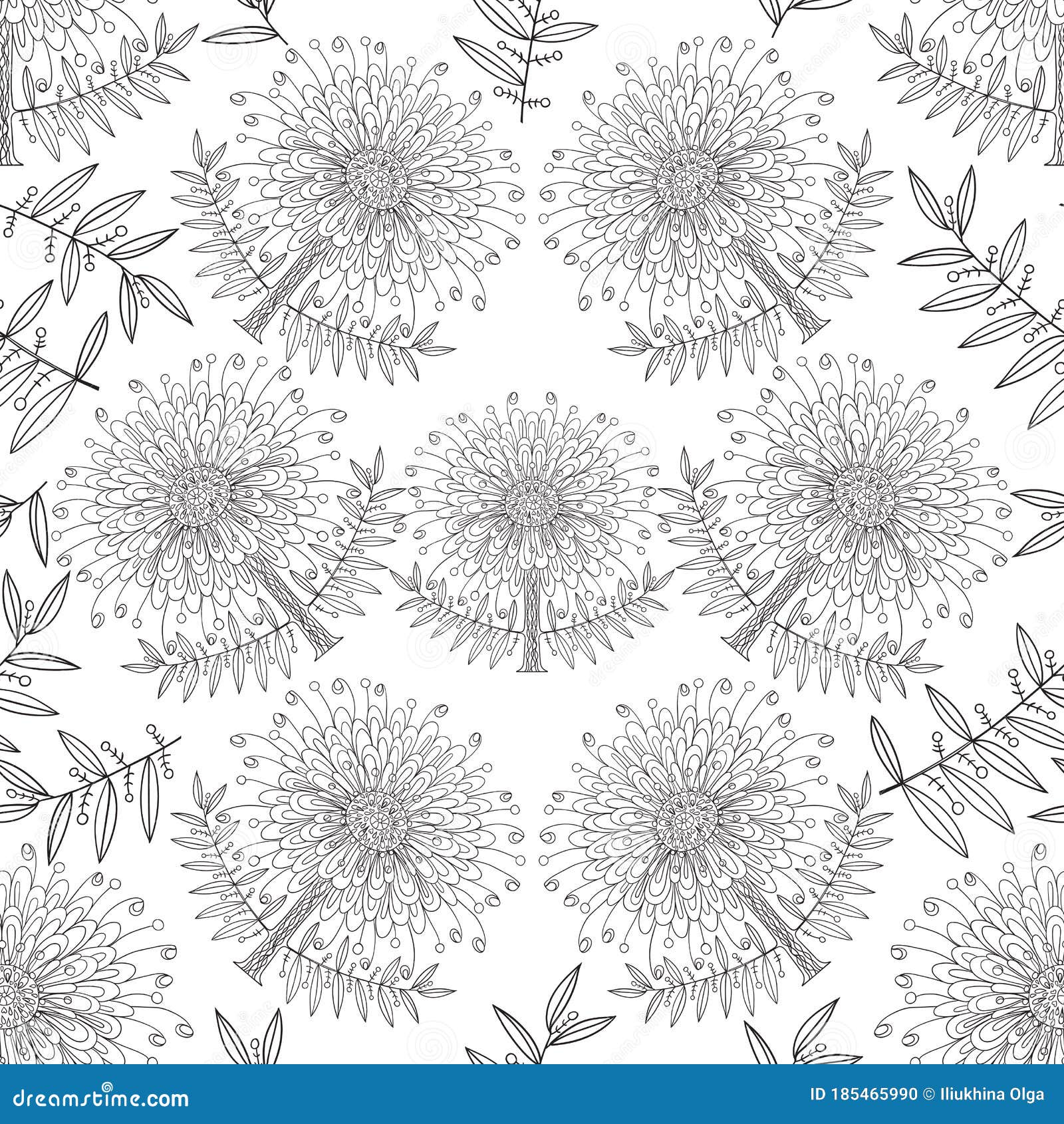 Pattern of Contour Flowers and Leaves Stock Vector - Illustration of ...