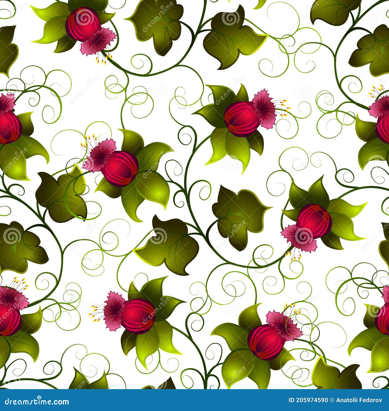 Pattern of Curly Flowers and Leaves. Stock Vector - Illustration of ...