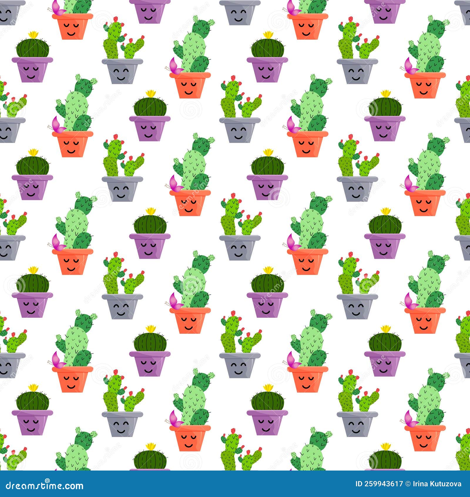 Pattern with Cute Cacti in Pots. Vector Illustration Isolated on White ...
