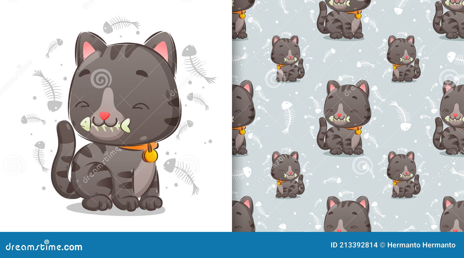 The Pattern of a Cute Cat is Eating a Fish Bone with a Very Happy Face ...