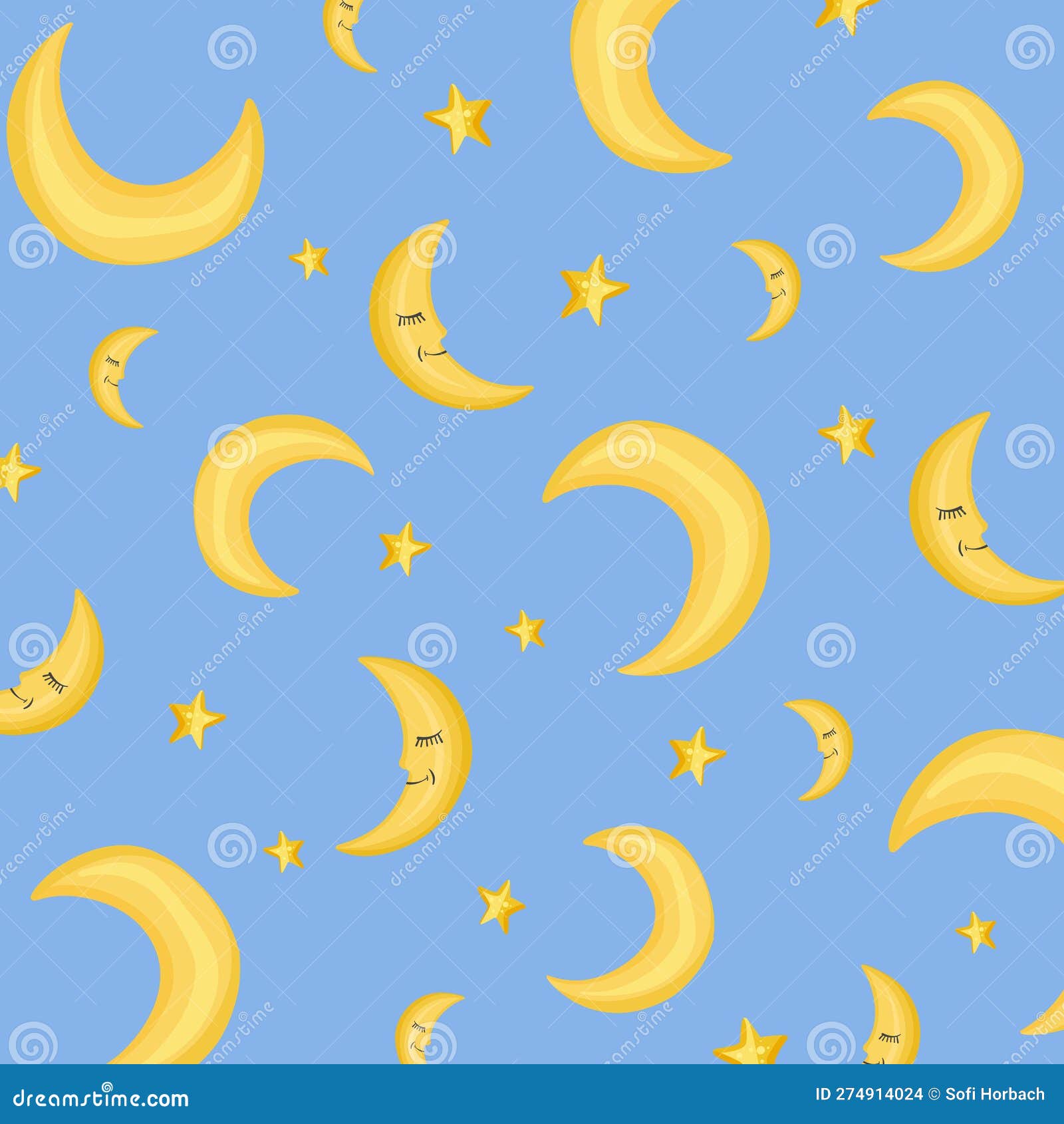 Pattern Cute Moons on the Blue Sky. in Cartoon Style Stock Vector ...