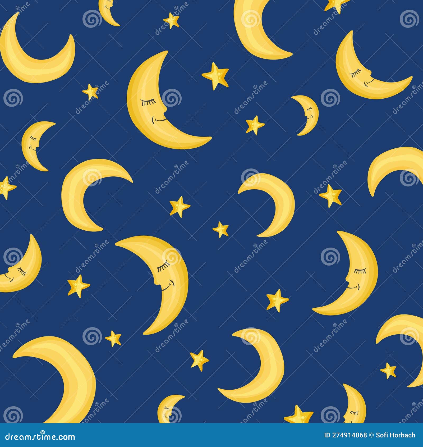 Pattern Cute Moons on the Blue Sky. in Cartoon Style Stock Vector ...