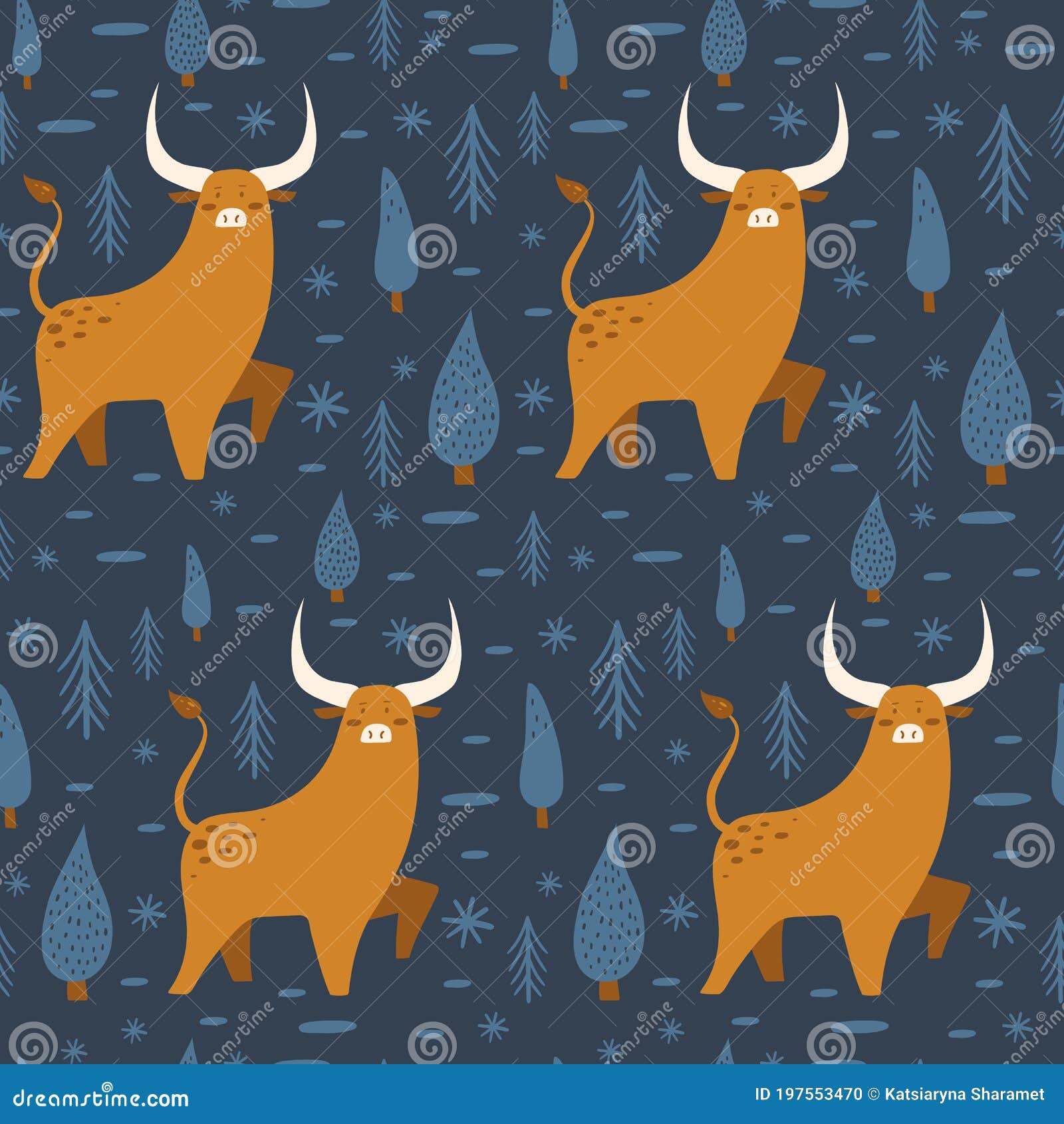Pattern with Cute Ox. Winter Background Stock Vector - Illustration of ...