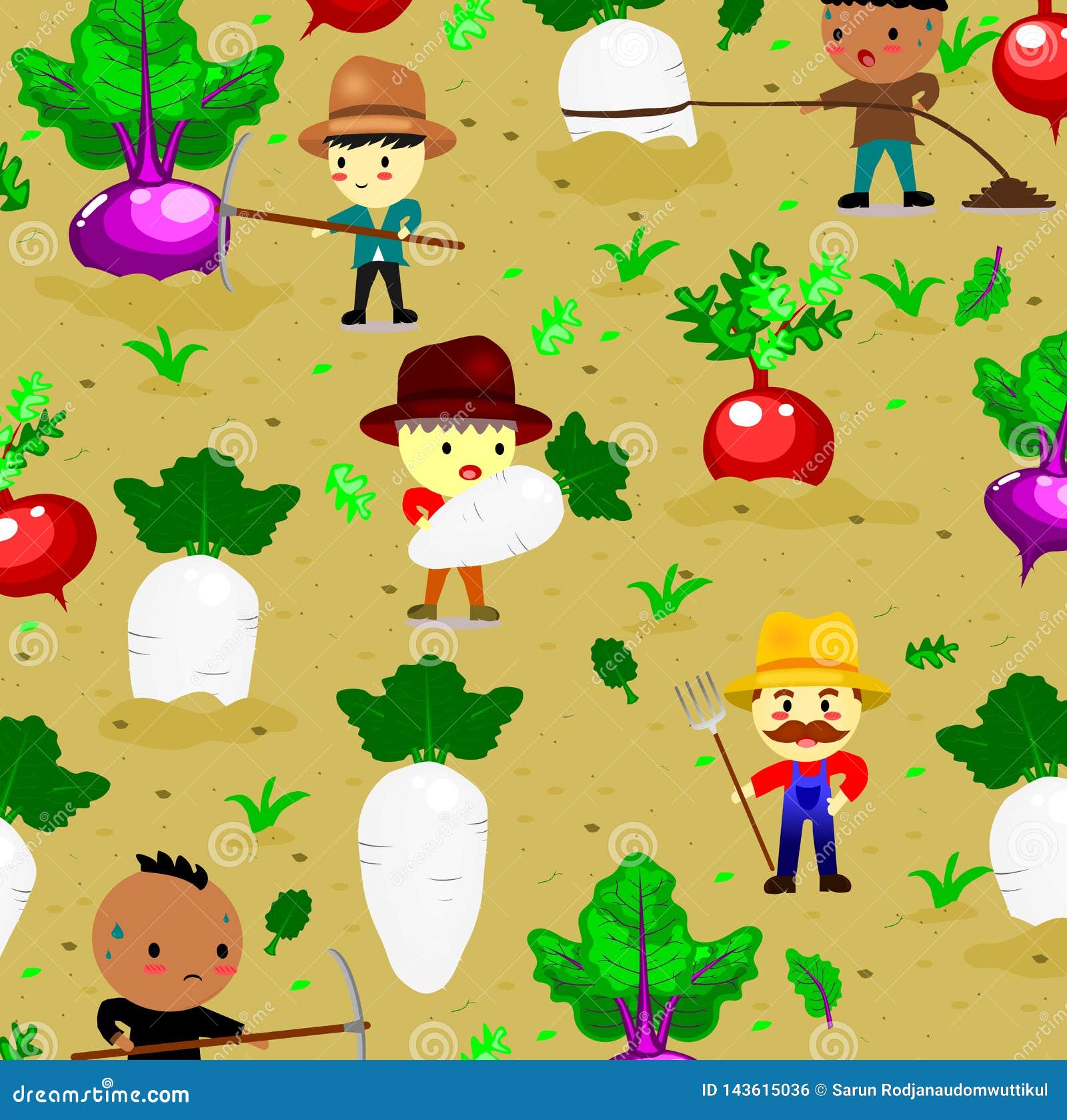 Pattern with Cute Radish on Field and Farmer,vegetables and Worker ...