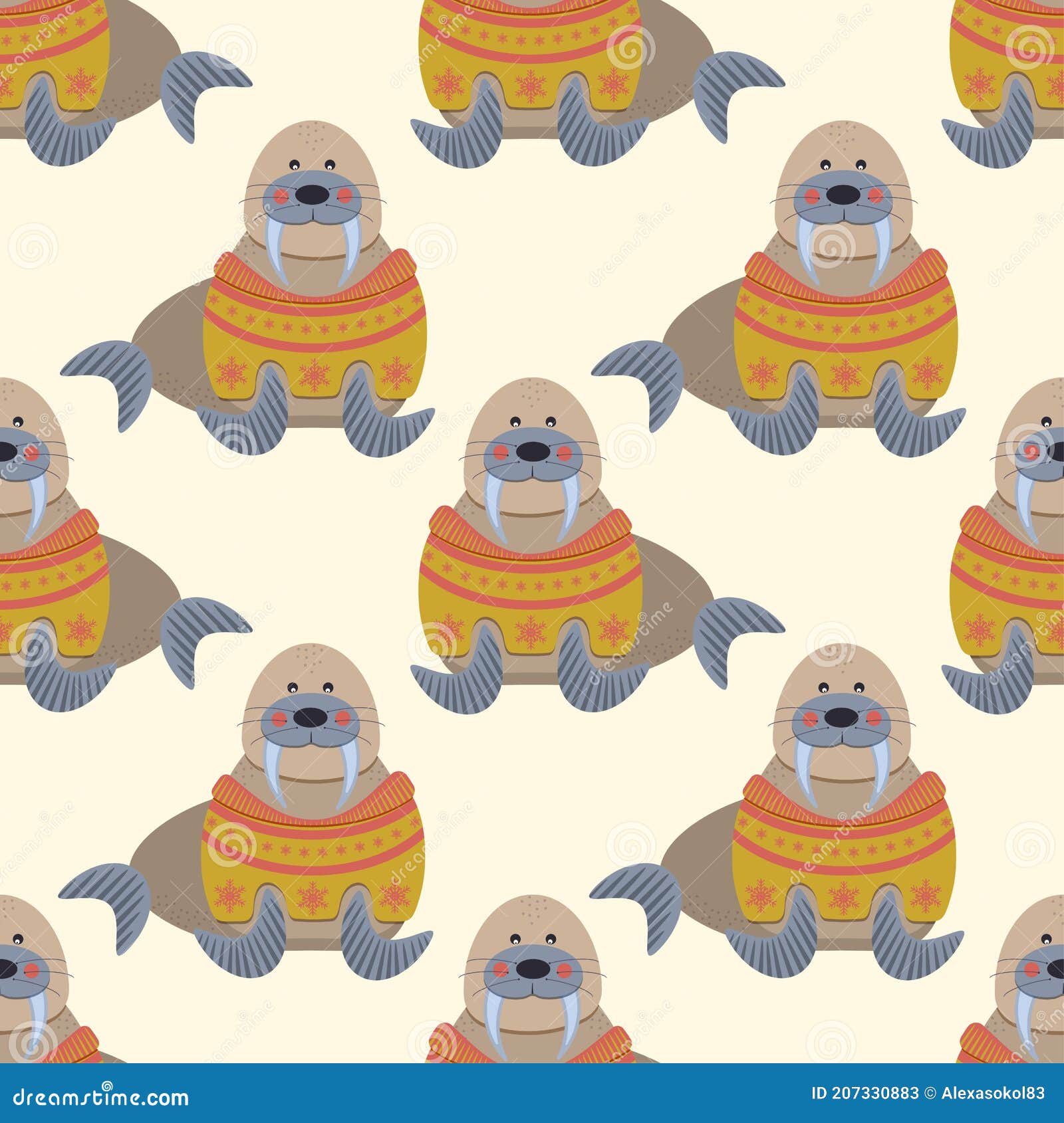 Pattern of Cute Walrus in Yellow Sweater. Vector Illustration Stock ...