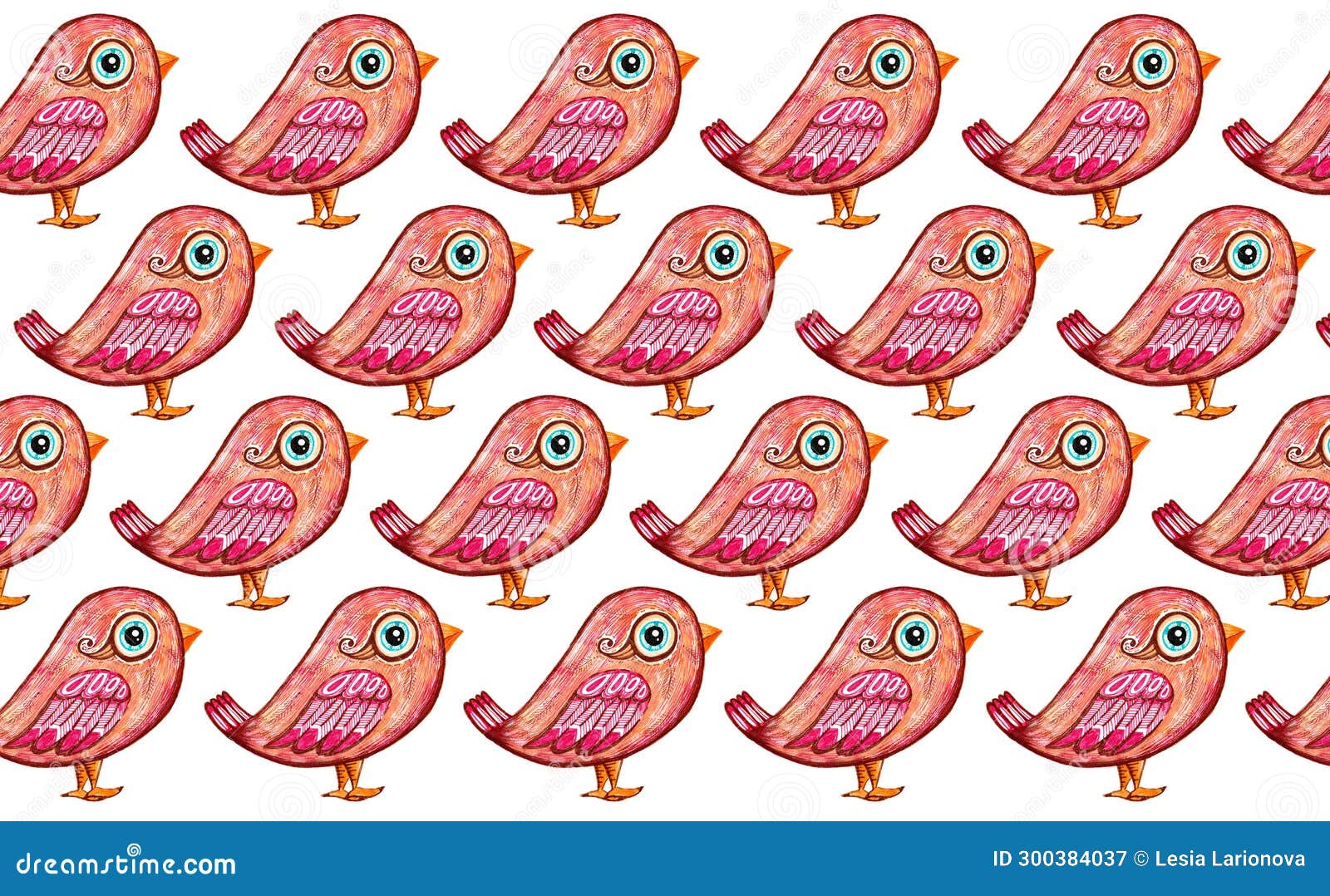 Pattern of Decorative Birds in Profile. White Background. Detailed ...