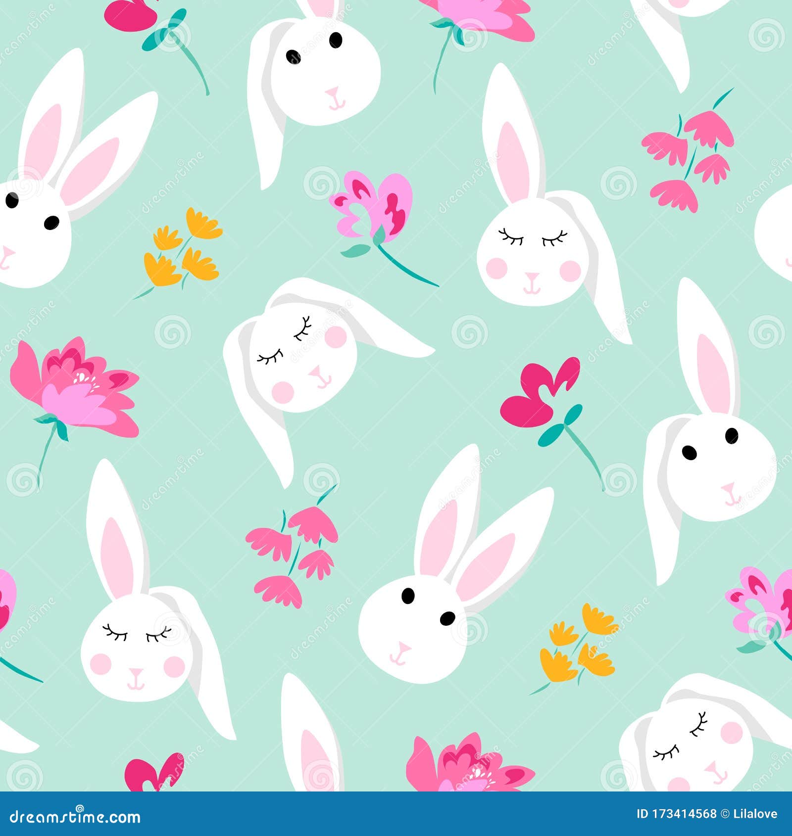 Pattern Design Cute Bunny, Rabbit Face and Pretty Flowers, Mint, Blue ...