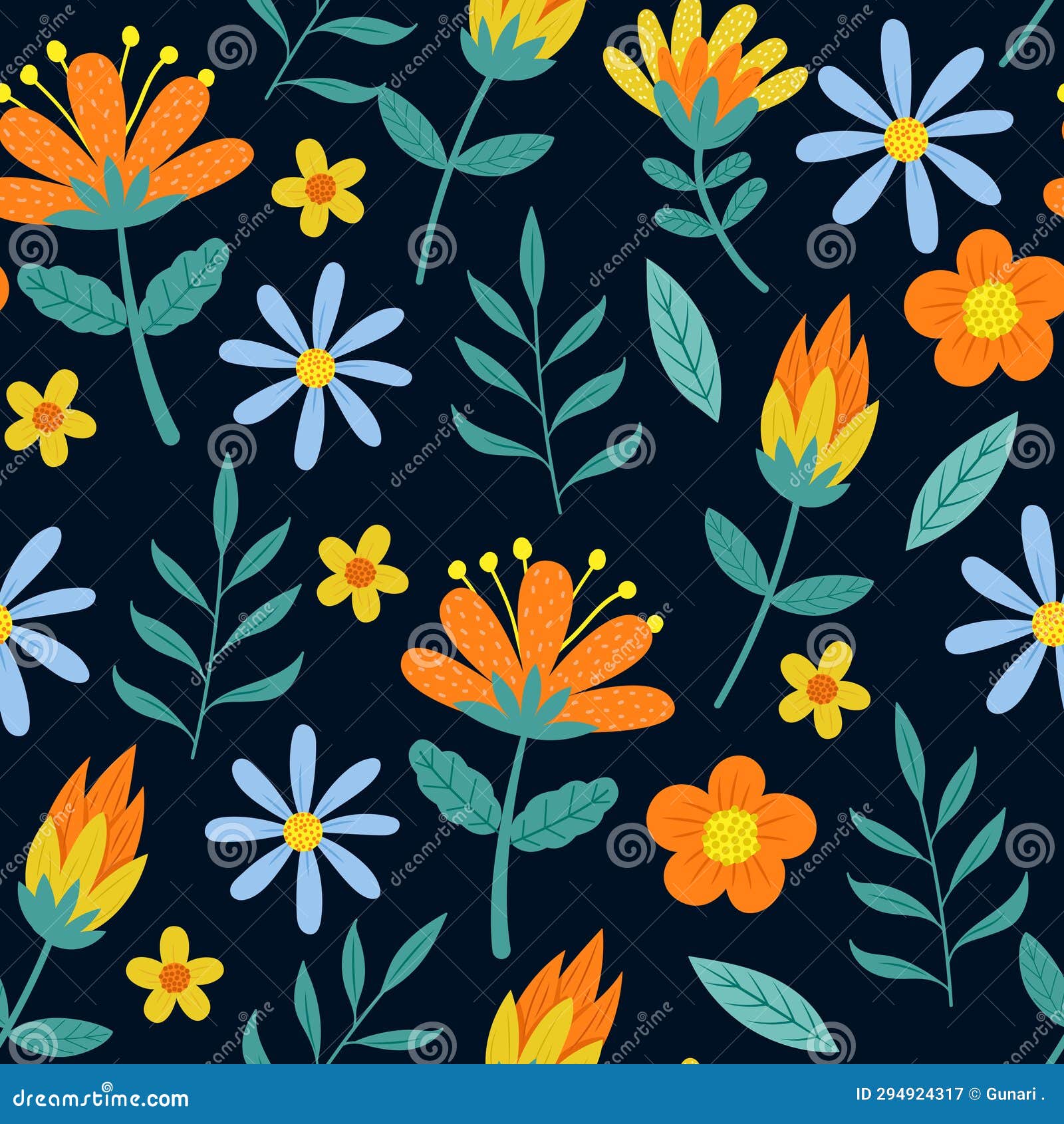 A Floral Pattern with Orange and Blue Flowers Stock Vector ...