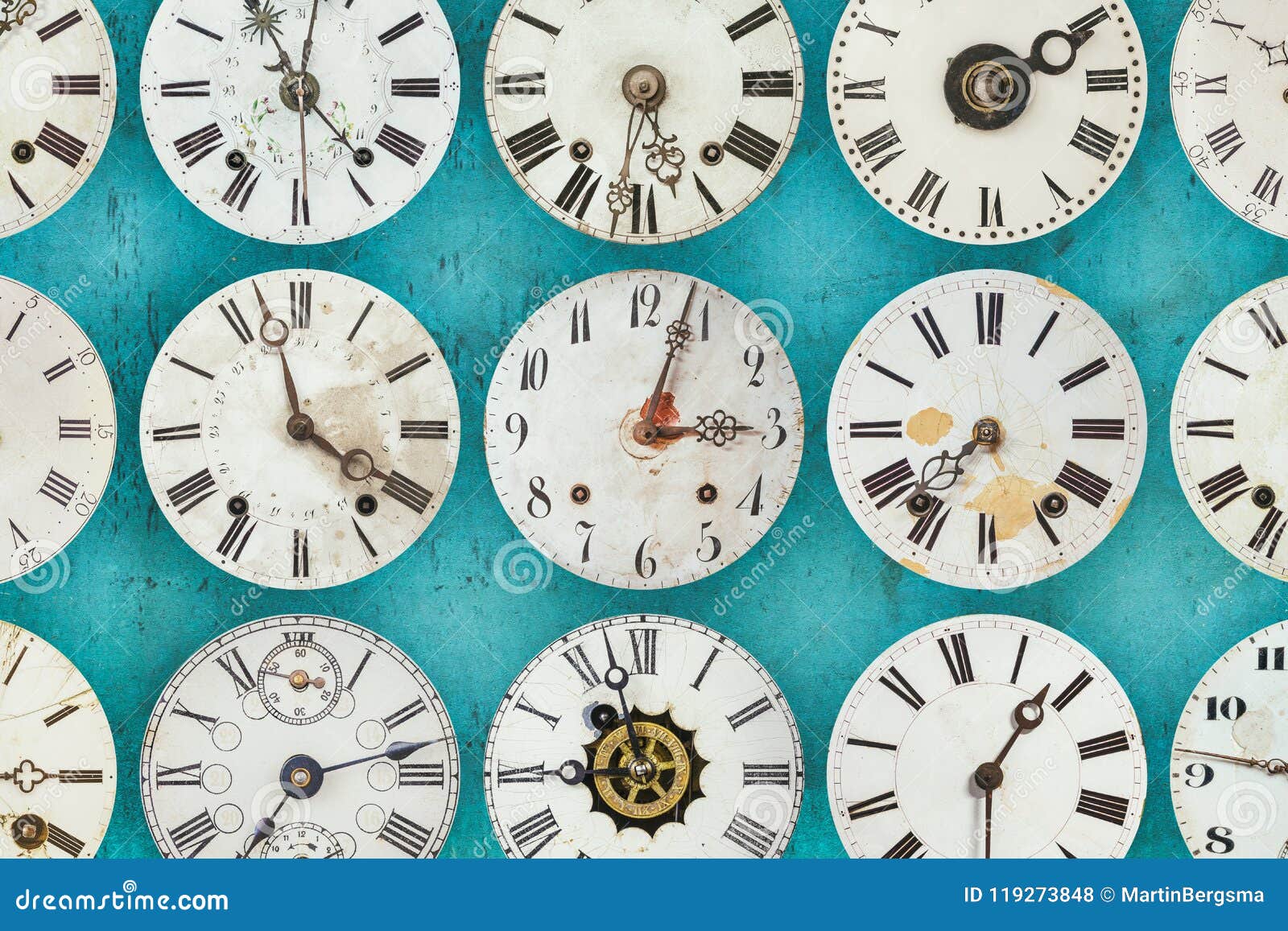 Pattern of Different Antique Weathered Clocks Stock Photo - Image of ...