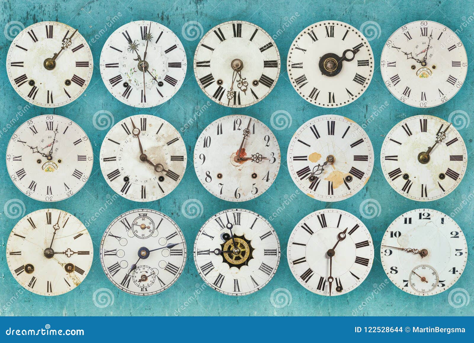 Pattern of Different Antique Weathered Clocks Stock Photo - Image of ...