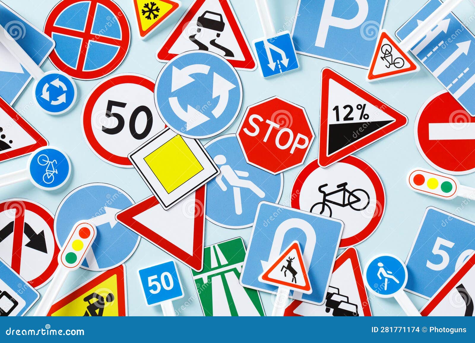 Pattern of Different Road Signs on the Table. Flat Lay, Top View Stock ...