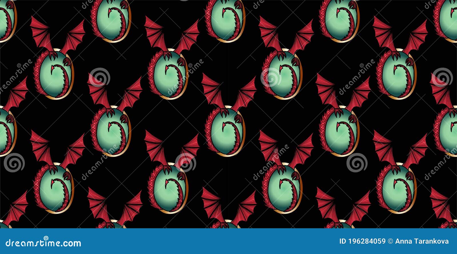 Pattern With Dragons On A Black Background. Red Dragon Wings Magic ...