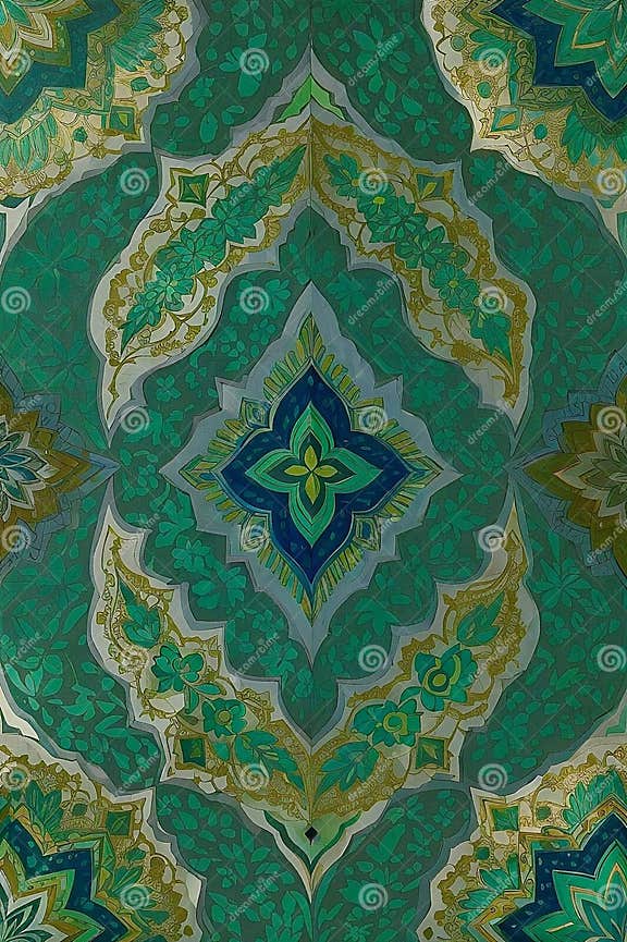A Pattern in the Ebru Style Featuring Green and Gold in Vertical Format ...
