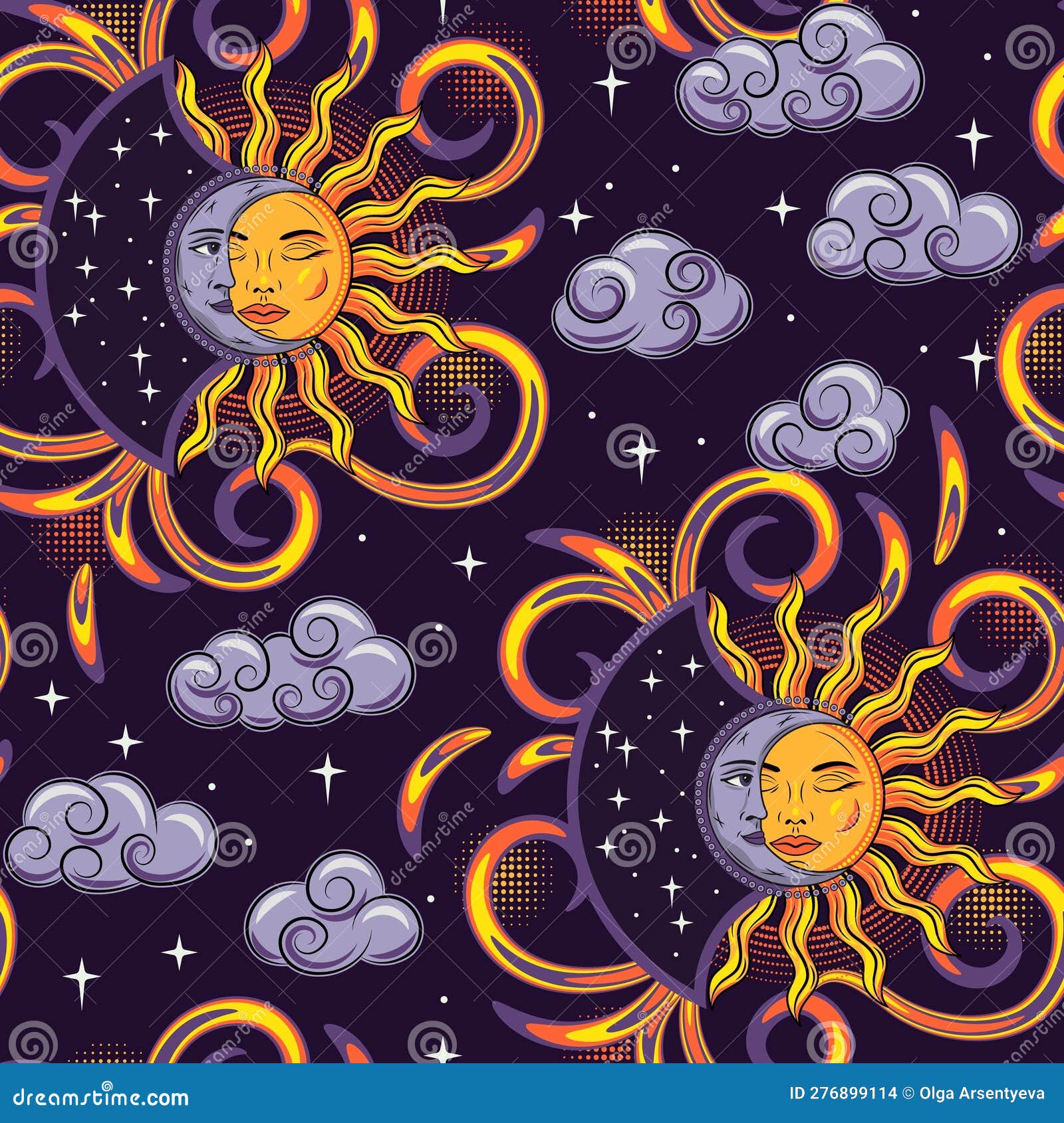 Pattern with Eclipse, Sun, Crescent, Clouds, Stars Stock Illustration ...