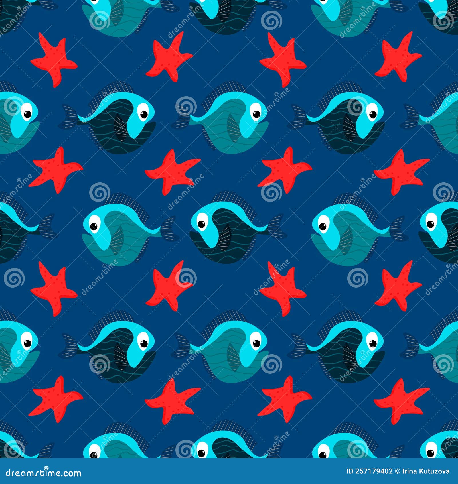 Pattern with Fish and Starfish on a Blue Background. Vector ...
