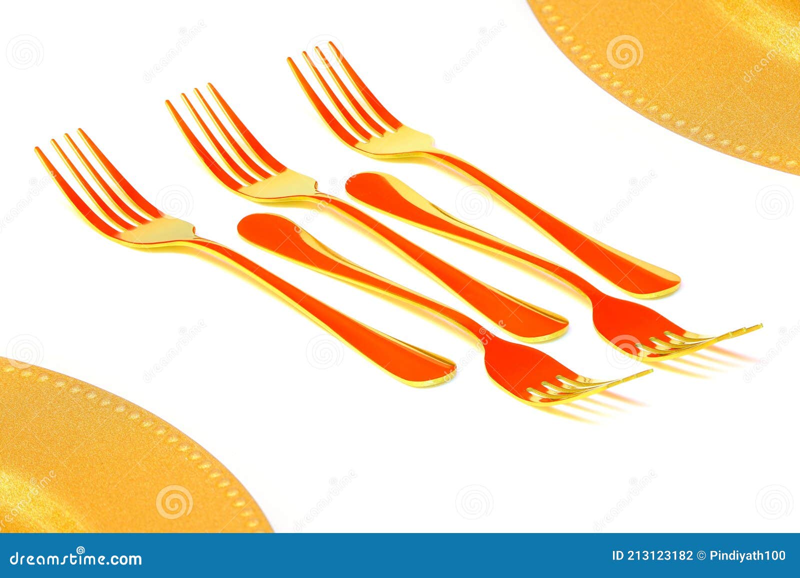 Pattern of Five Golden Forks and Plates on White Background with ...