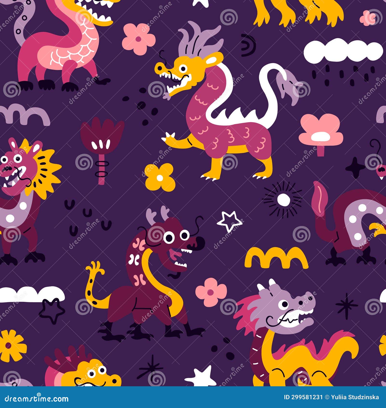 Pattern With Floral Chinese Dragons Cartoon Vector | CartoonDealer.com ...