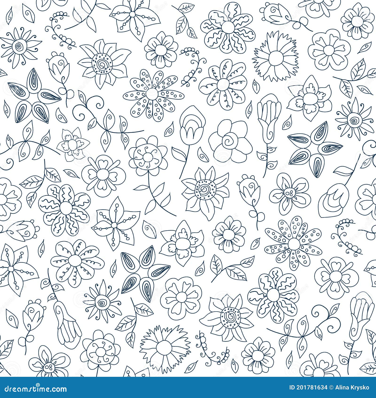 Seamless Vector Pattern with Doodle Flowers and Hand-drawn Twigs ...