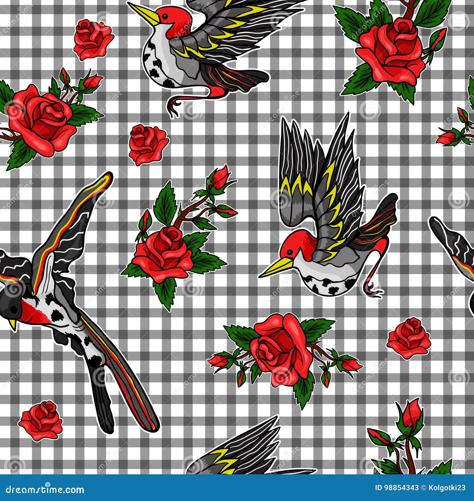 Pattern of Flying Bird and Red Roses Stickers. Stock Vector ...