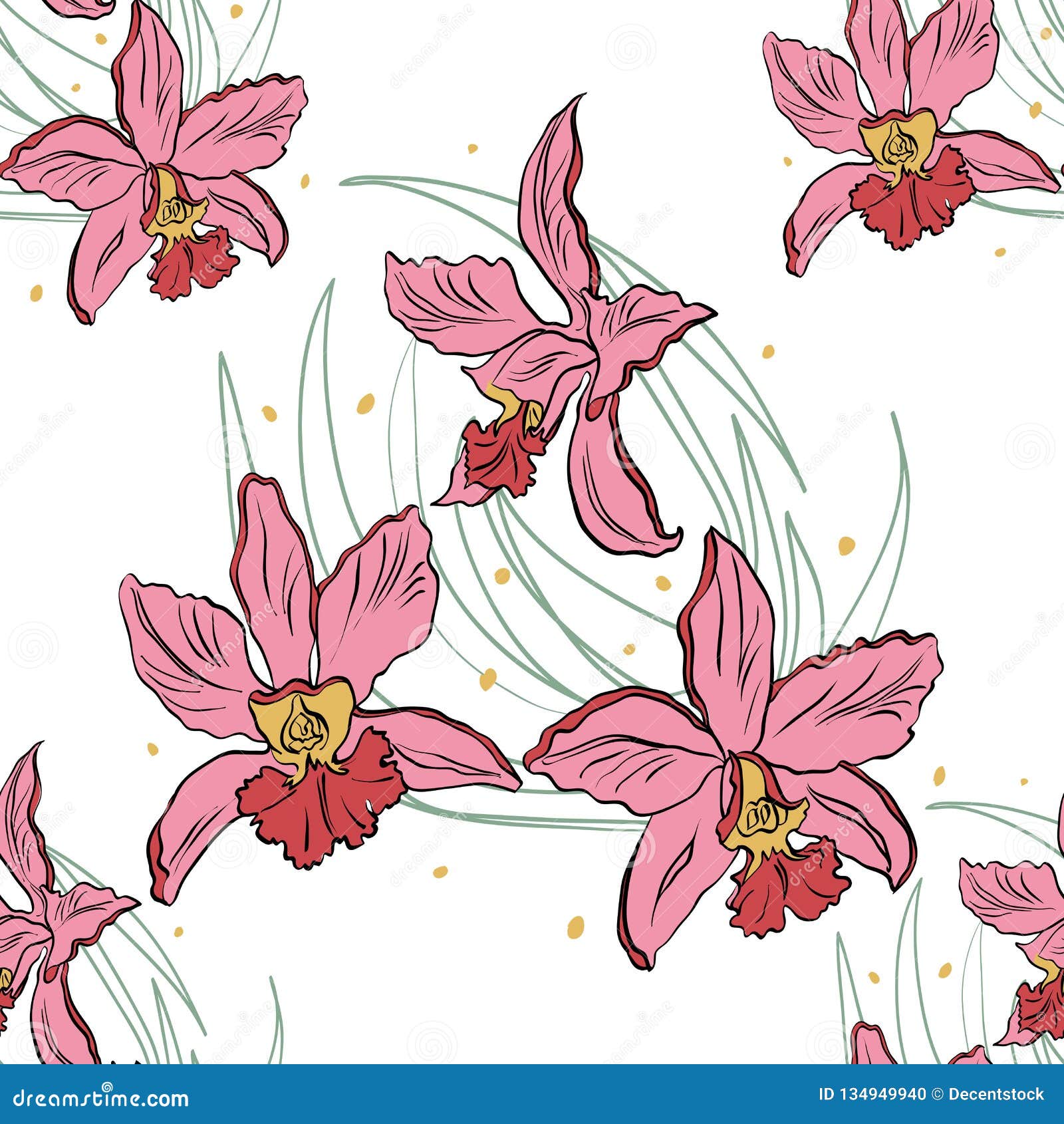 Seamless Pattern of Pink Orchids on a White Background Stock Vector ...