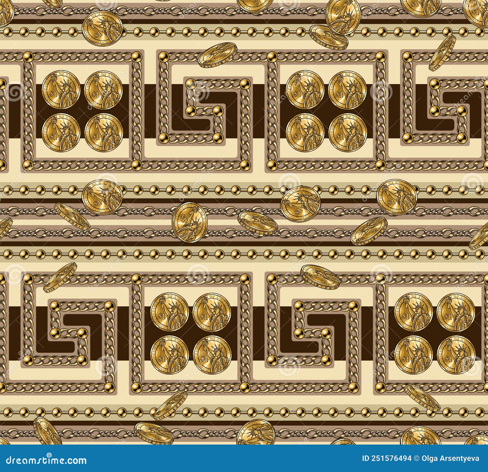 Pattern with Geometric Meander Borders, Gold Coins, Chains Stock Vector ...
