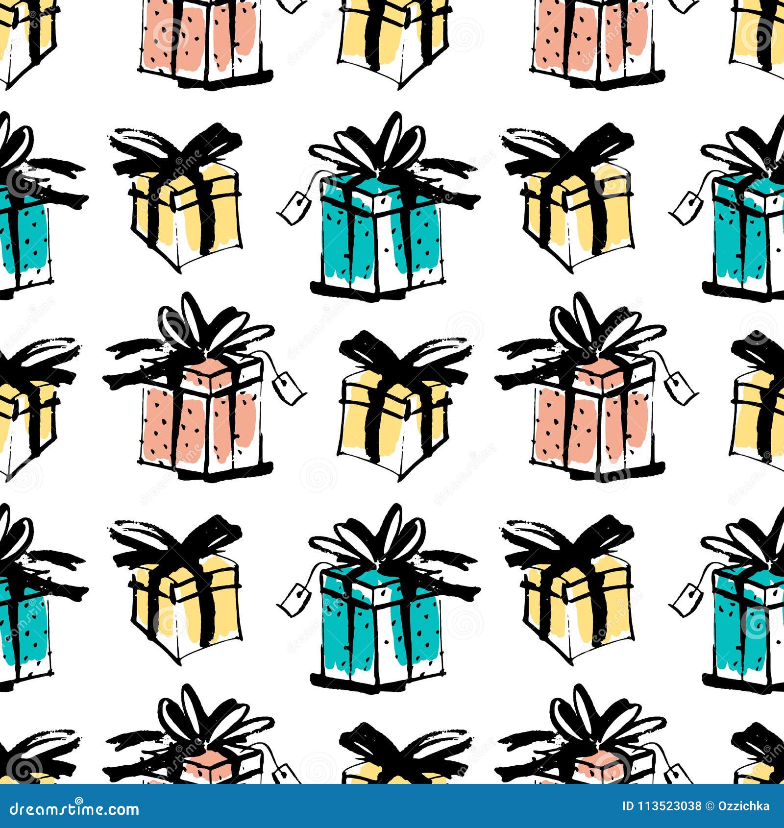 Pattern with Gift Boxes. Seamless Vector Hand Drawn Background with ...