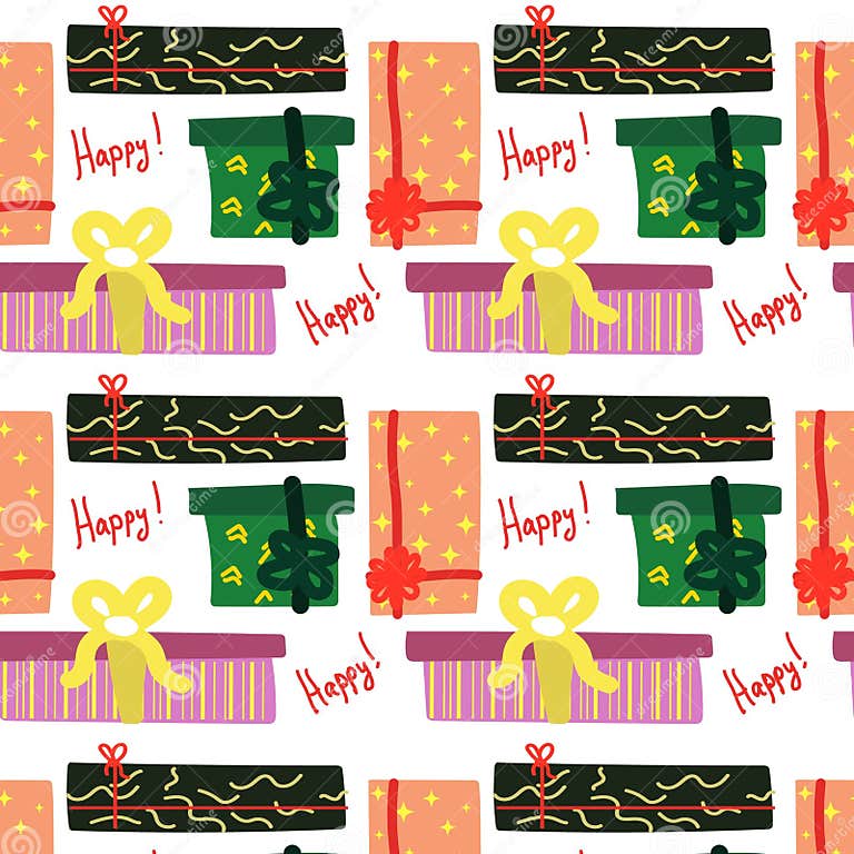A Pattern with Gift Boxes with the Text of Happy. Seamless Background ...