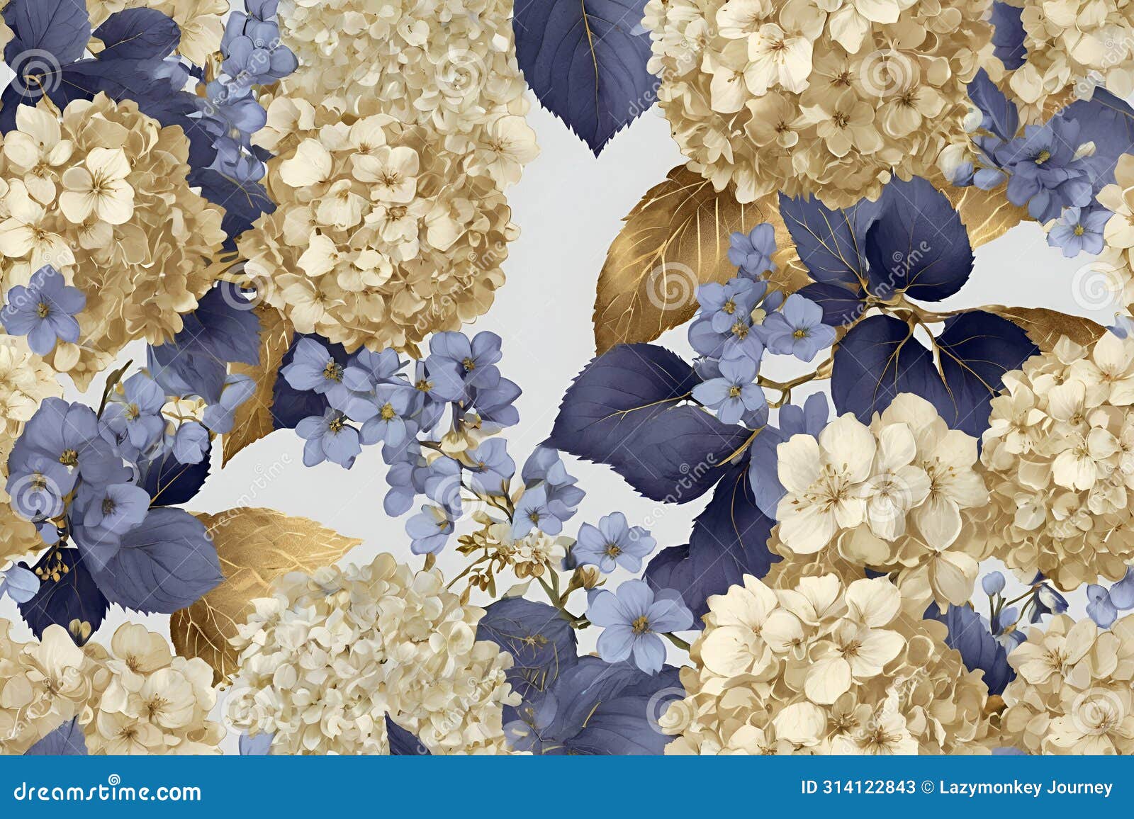 Pattern with a Gold Hydrangea and Cherry Flowers Stock Illustration ...