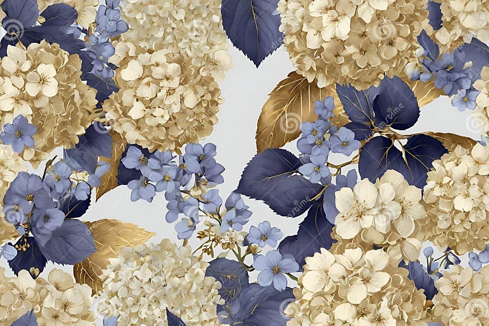 Pattern with a Gold Hydrangea and Cherry Flowers Stock Illustration ...
