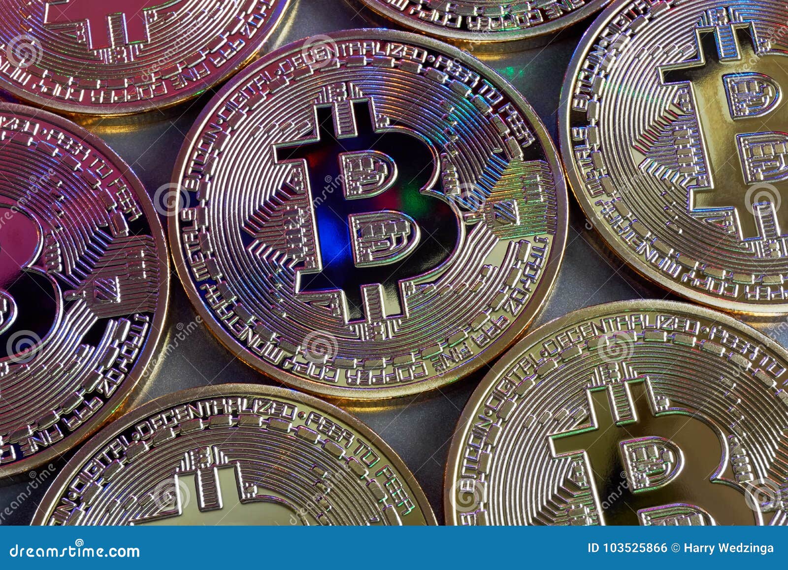 Pattern of Golden Bitcoin Coins with Multi Color Reflections Stock ...