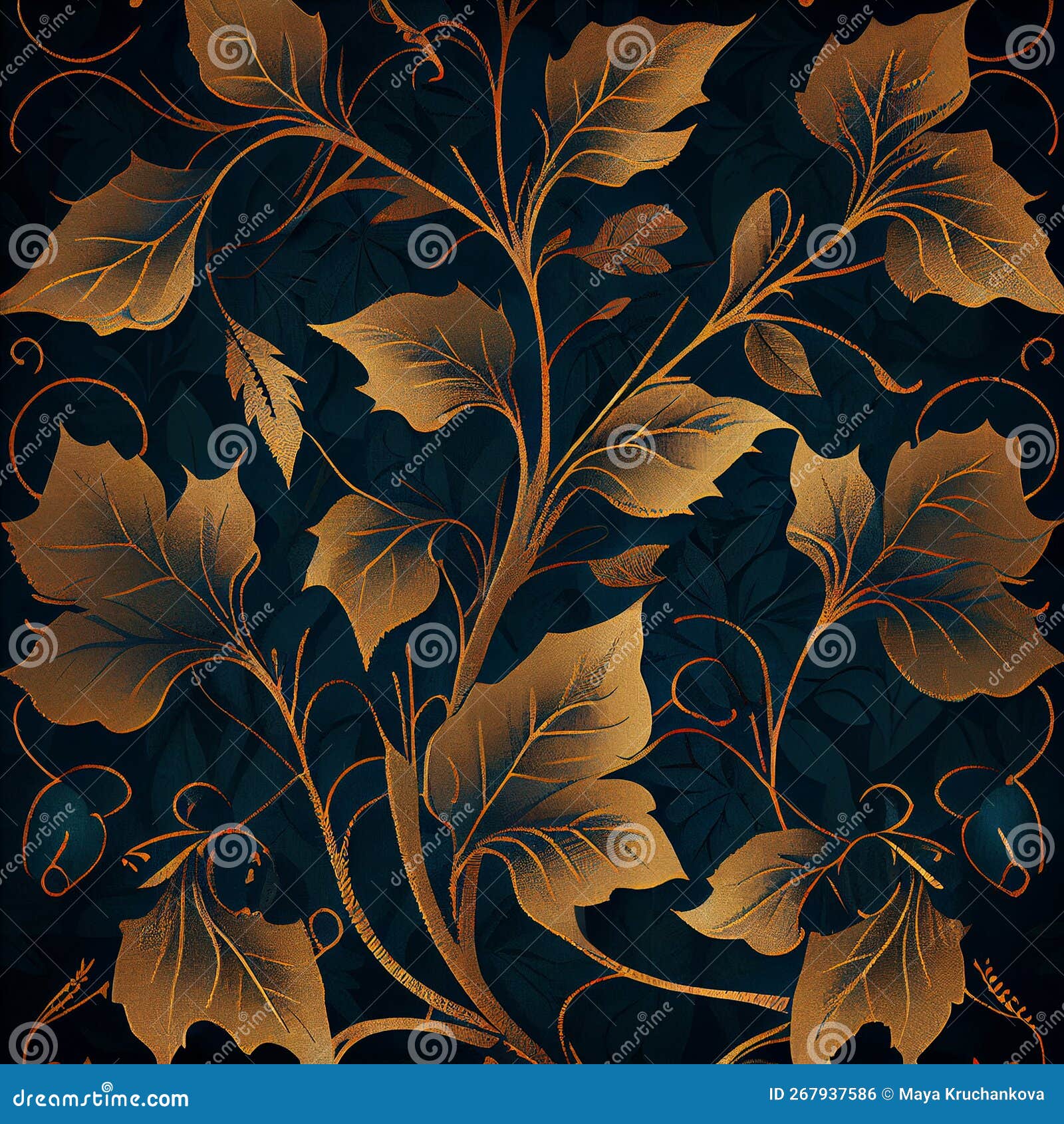Pattern of Golden Vine Leaves on Dark Background Stock Illustration ...