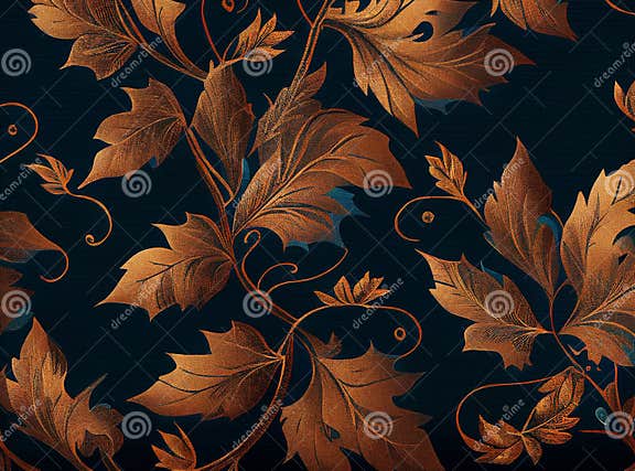Pattern of Golden Vine Leaves on Dark Background Stock Illustration ...