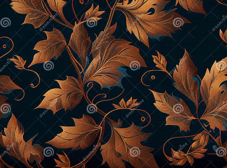 Pattern of Golden Vine Leaves on Dark Background Stock Illustration ...