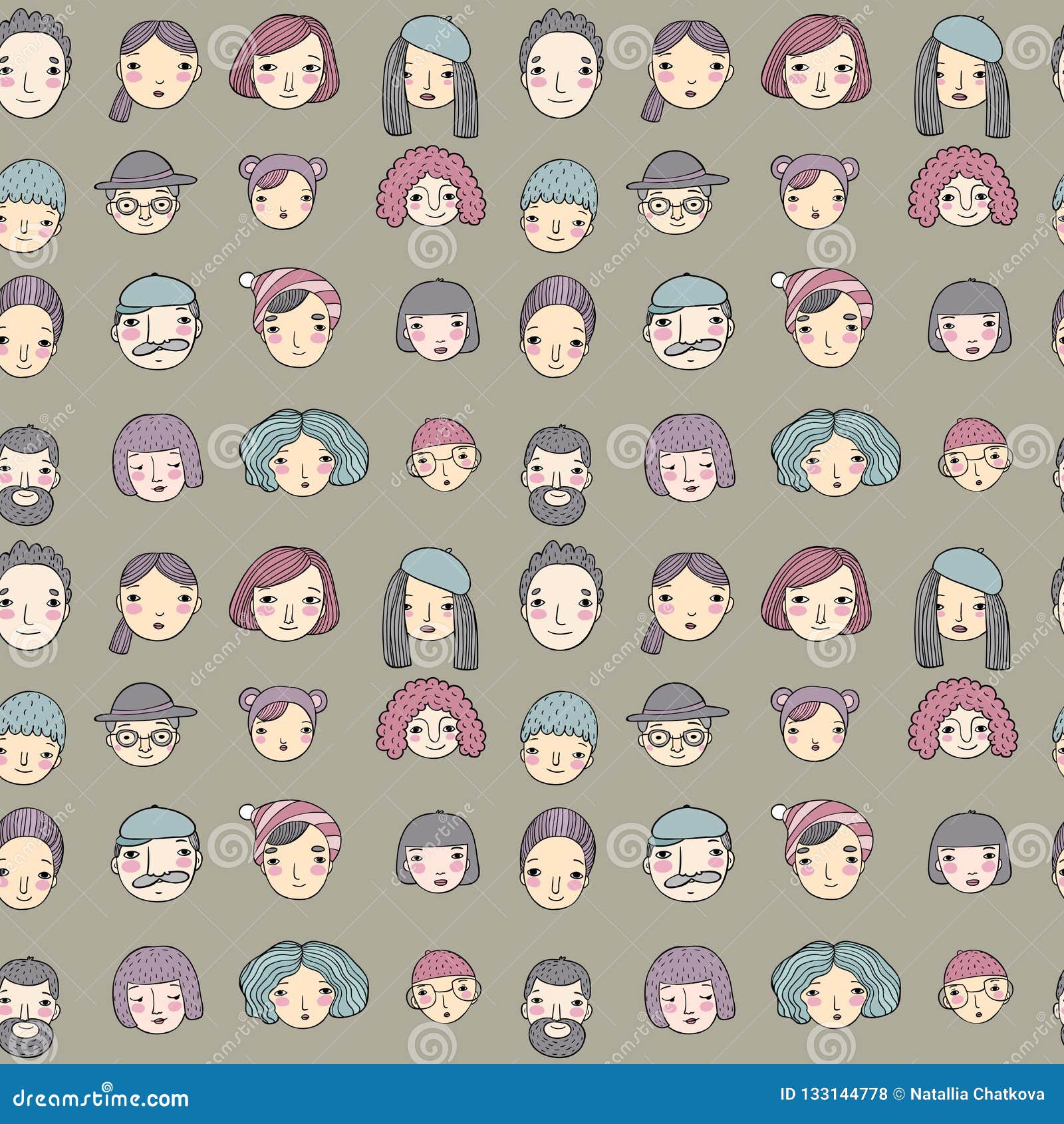 Pattern with Graphical Faces. Vector Illustration. Set of People Icons ...