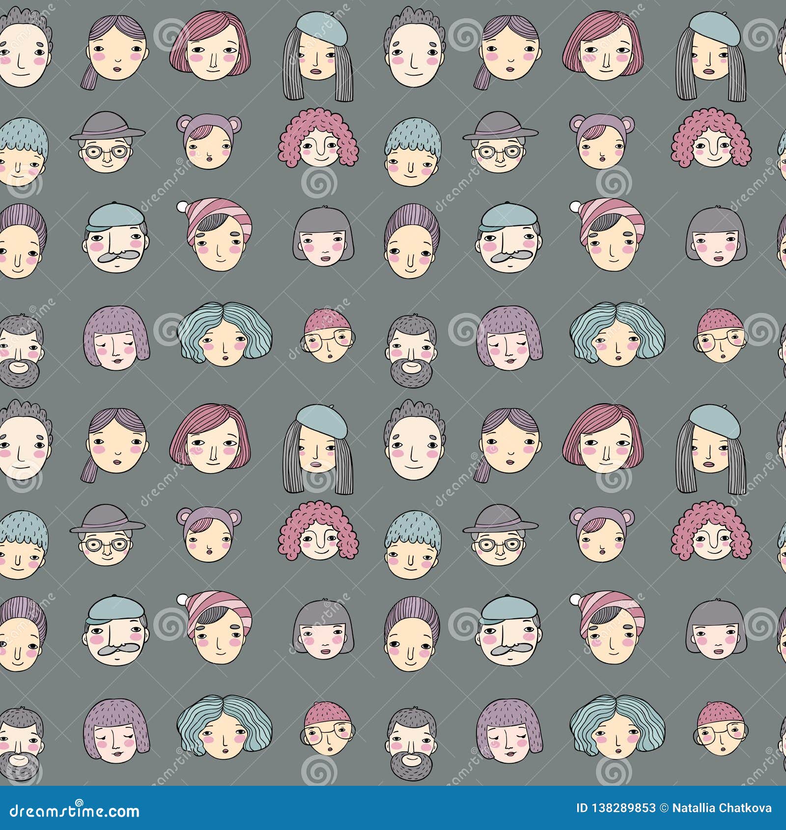 Pattern with Graphical Faces. Vector Illustration. Set of People Icons ...