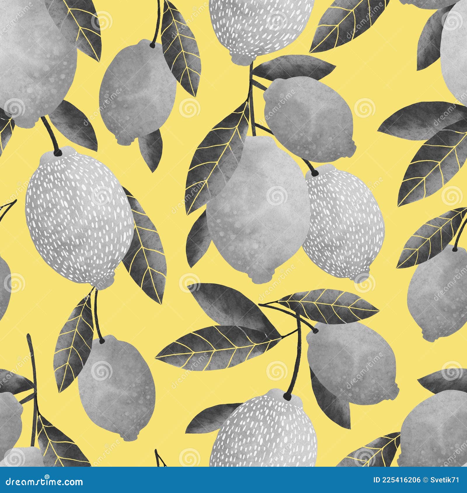 Pattern with Gray Lemons on Branches on a Yellow Background ...