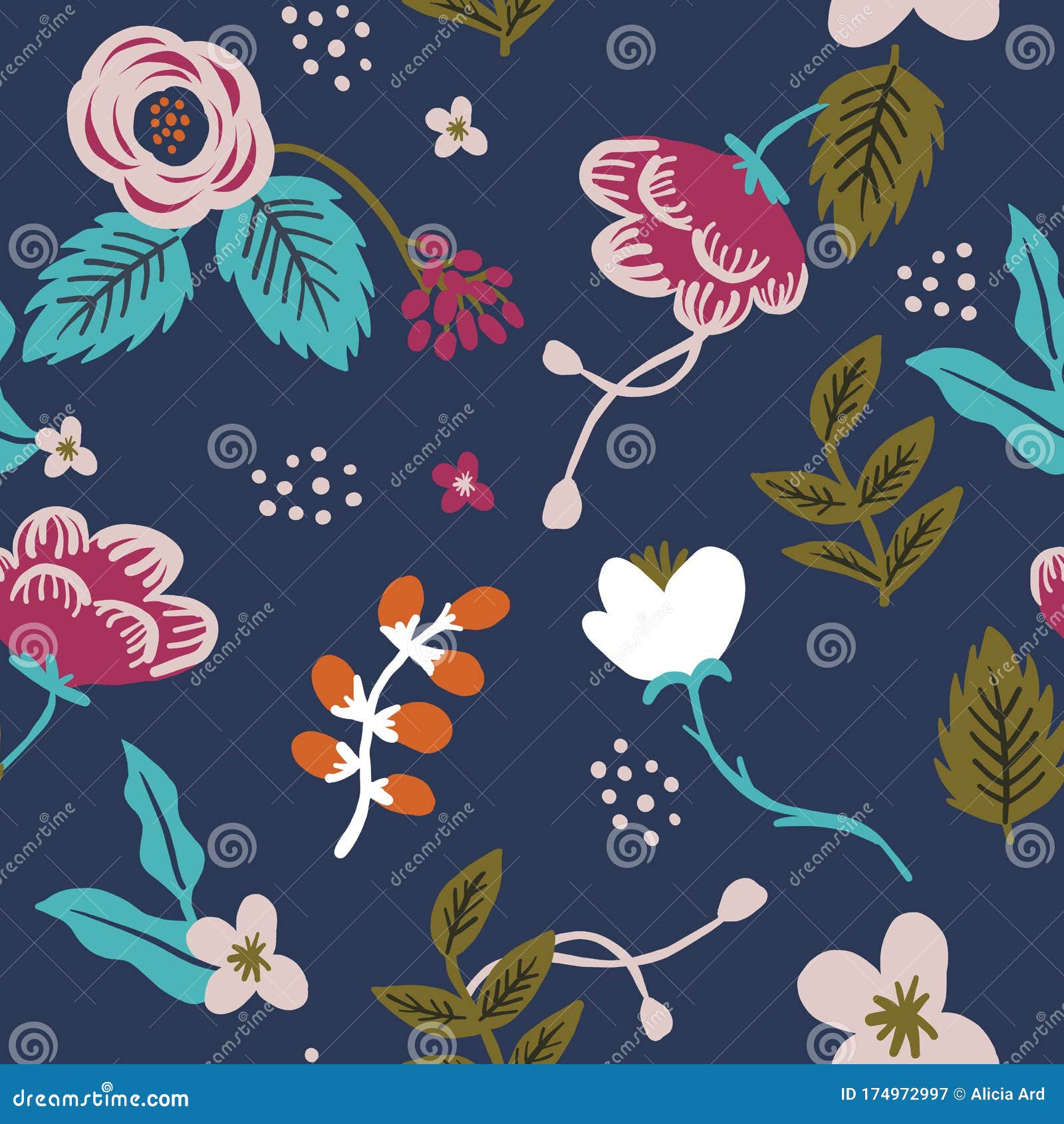 Repeat Flower Pattern. Navy Blue Background. Pink Modern Flowers ...