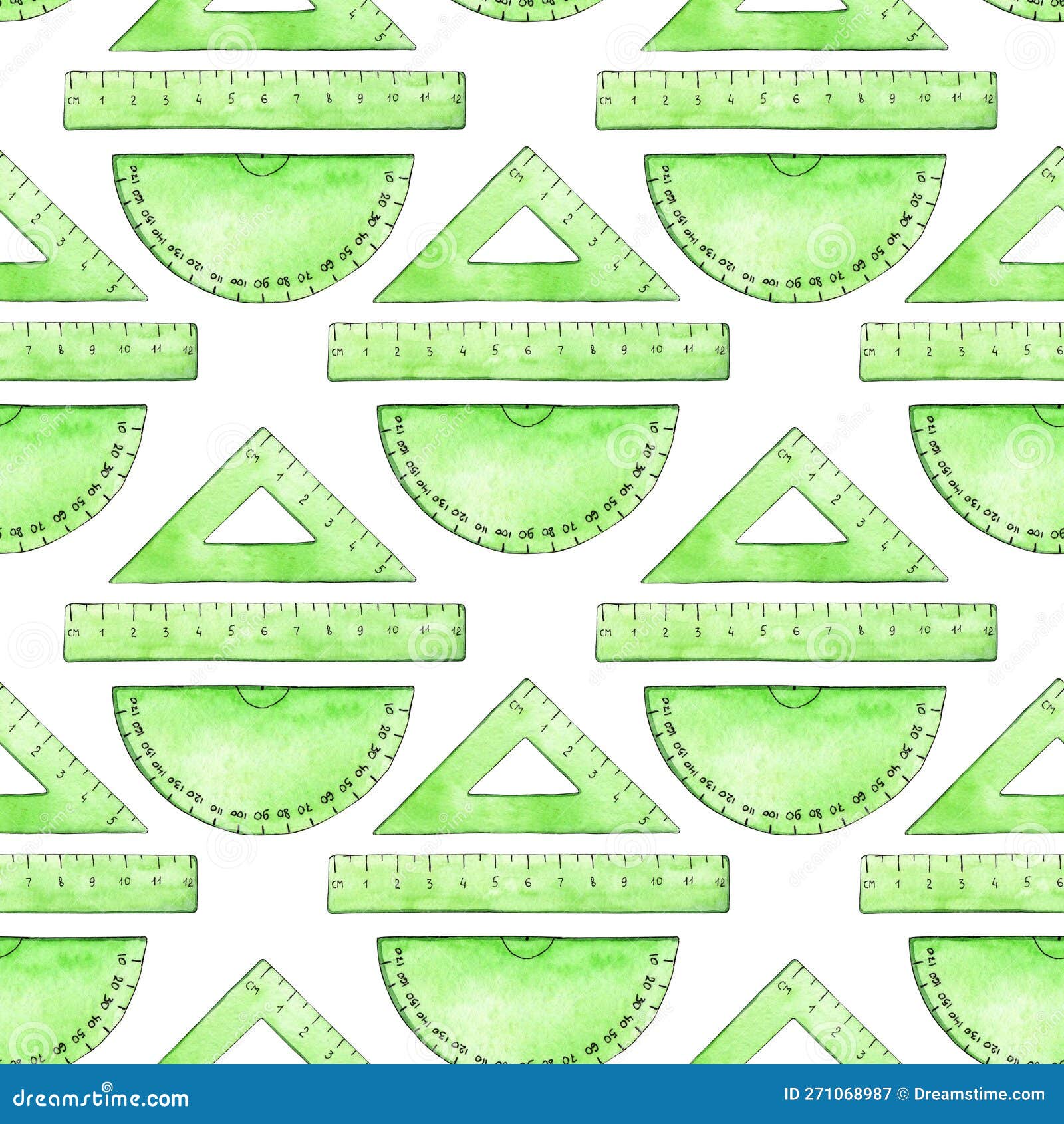 Pattern Green Ruler Protractor Triangle and Direct Watercolor Stock ...