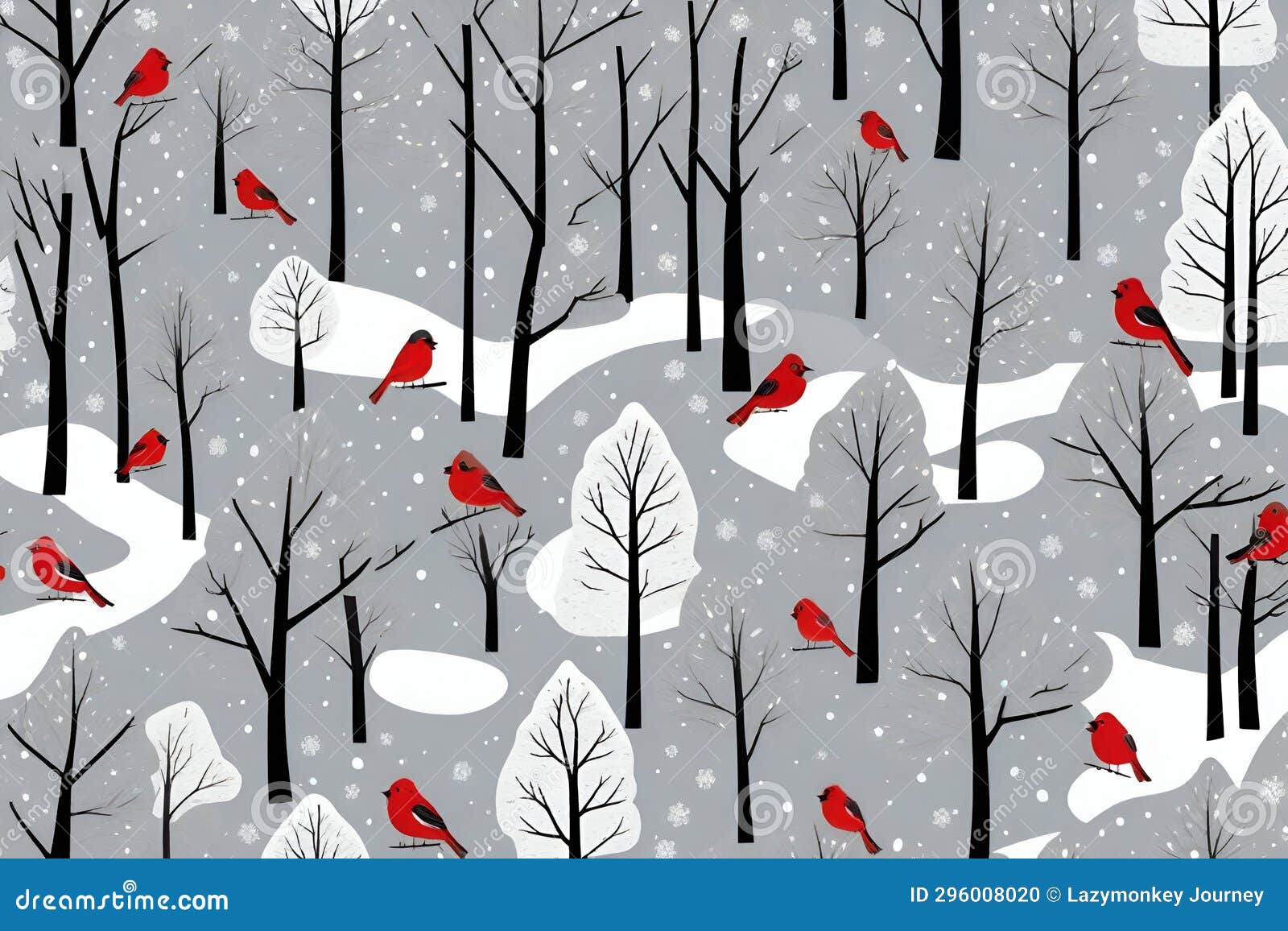 Pattern with Grey Trees Birches and Red Birds in Winter Stock ...
