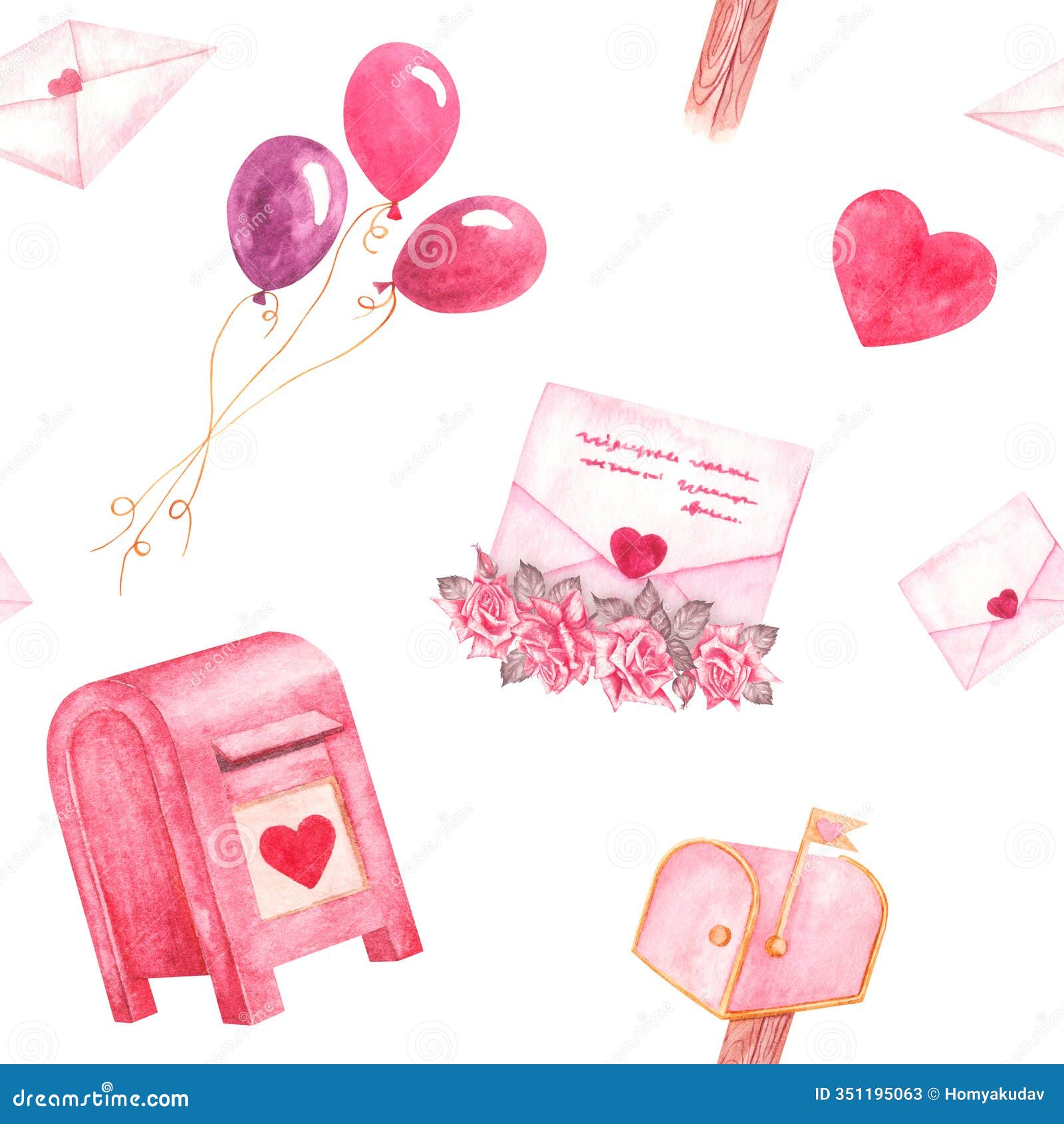 Pattern of Hand-drawn Watercolor Illustrations on the Theme of Love ...