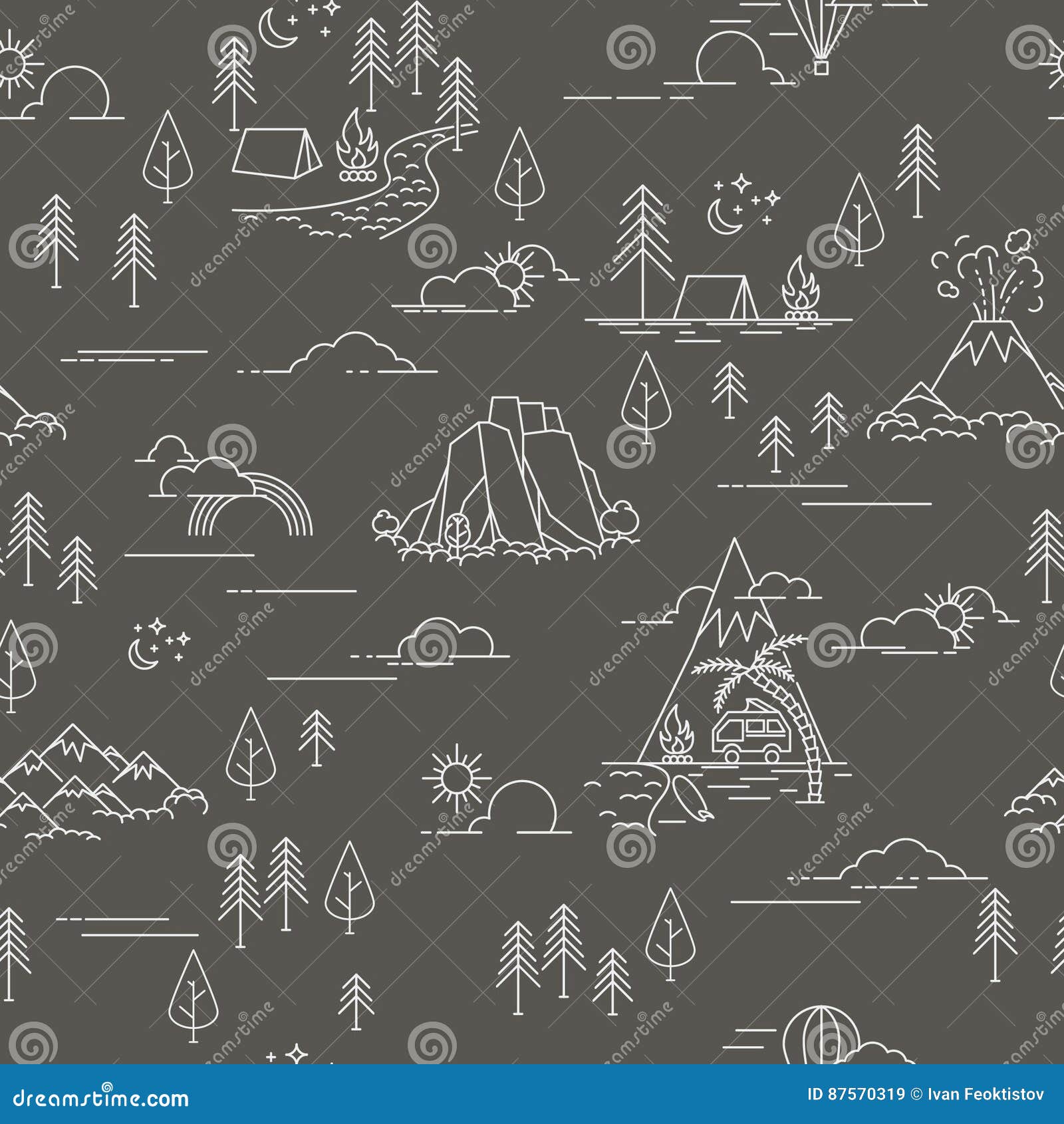 Pattern with Hiking and Landscape Elements Stock Vector - Illustration ...