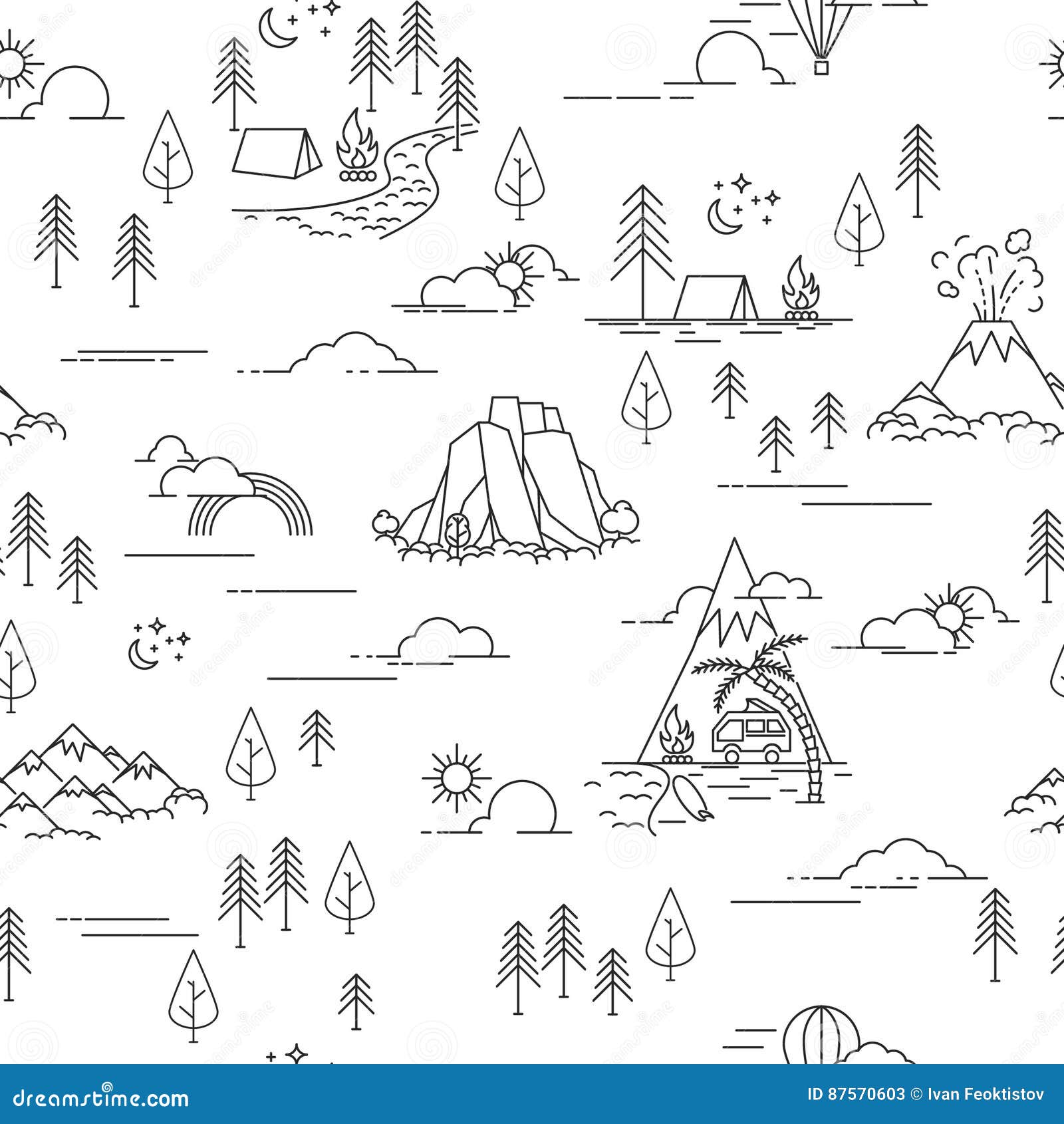 Pattern with Hiking and Landscape Elements Stock Vector - Illustration ...