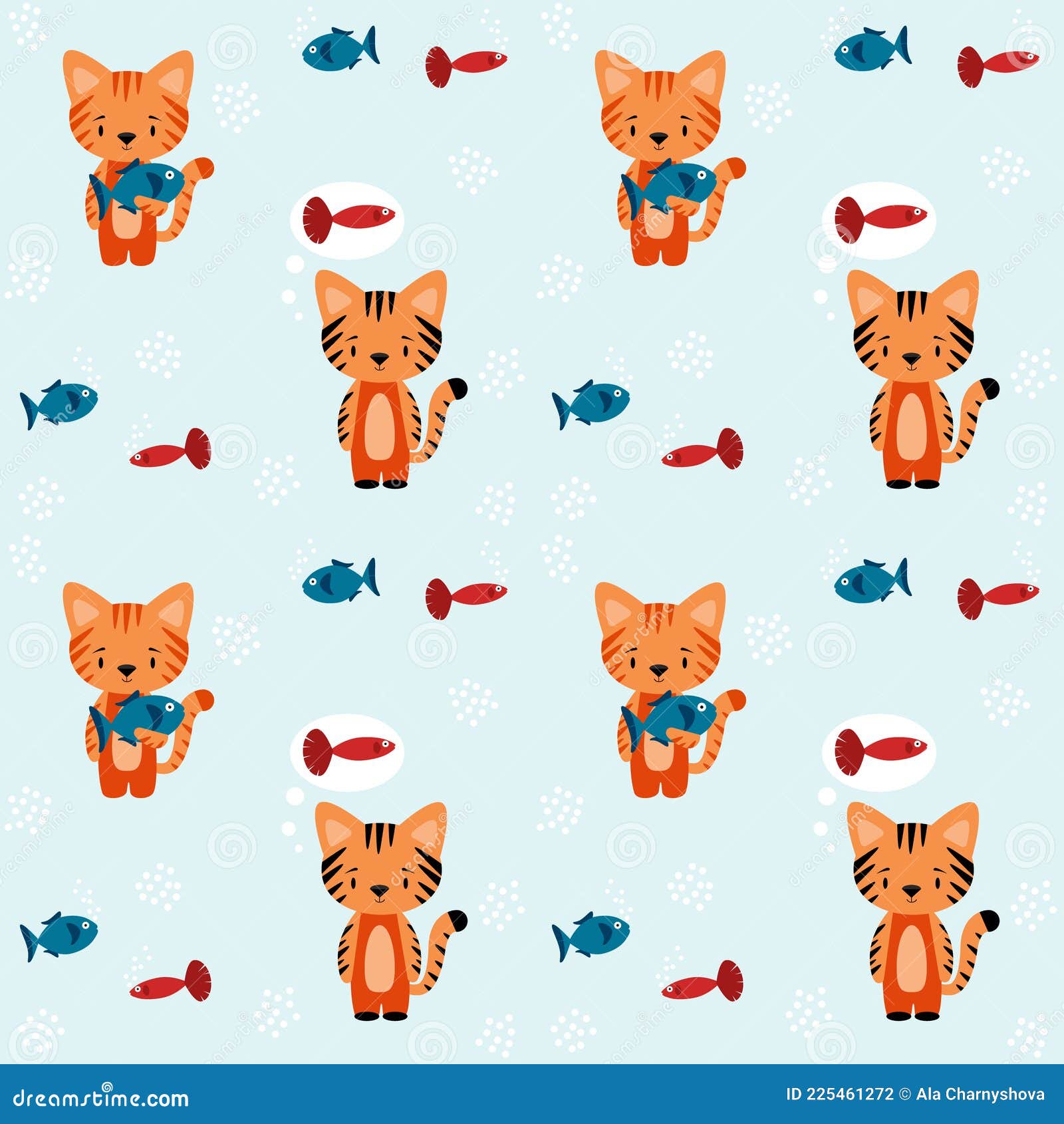 Pattern with the Image of Cats with Fish. One Cat Holds a Fish in Its ...
