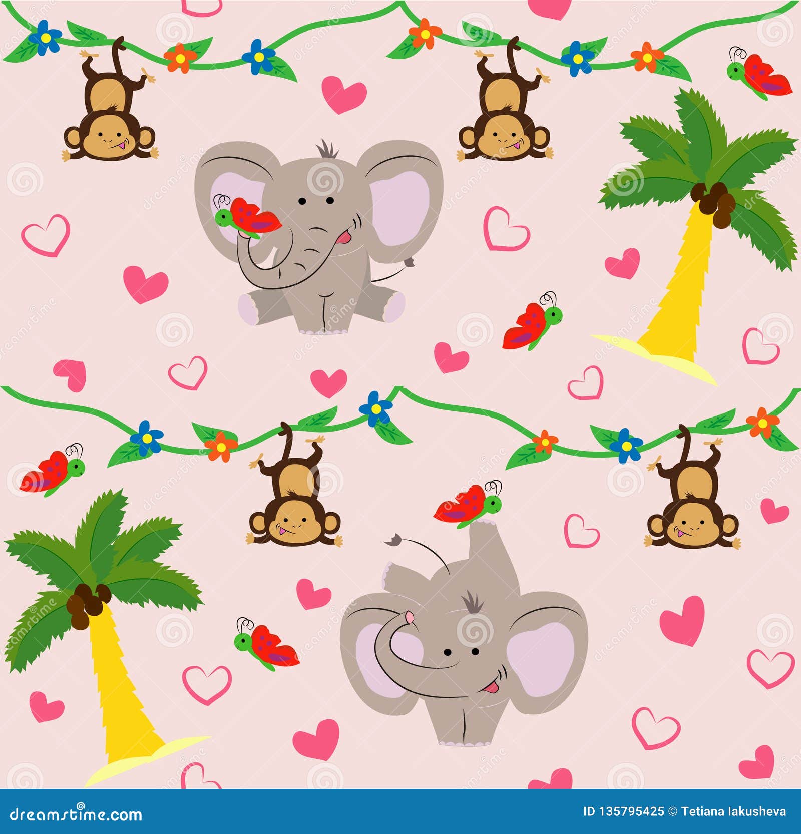 Pattern for Kids with Cute Elephant and Monkey. Cartoon Style. Vector ...