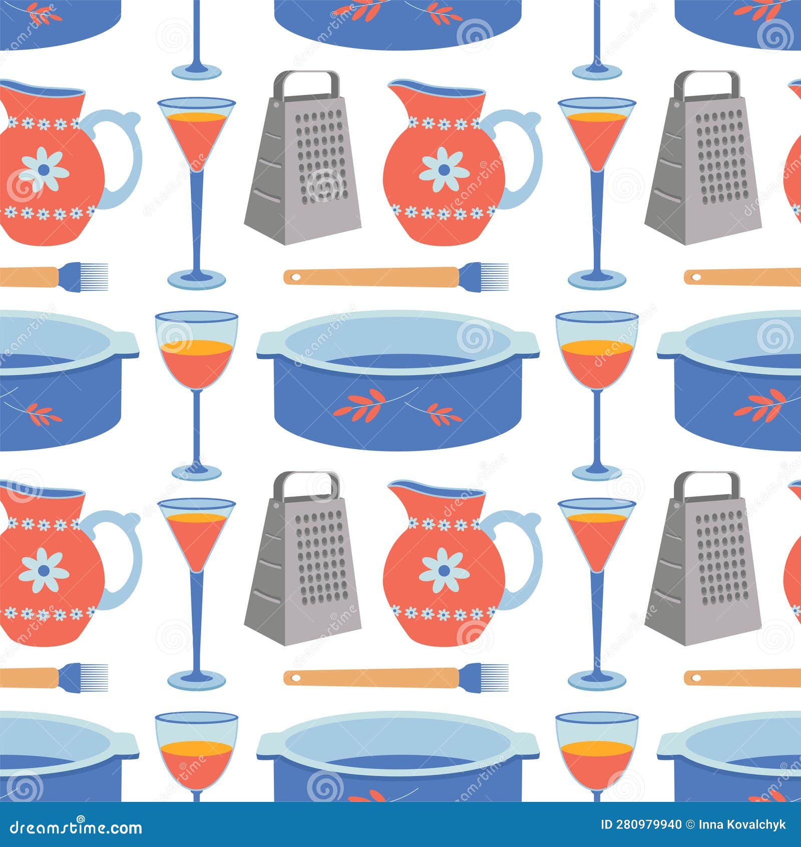 Pattern of Kitchen Utensils, Pan, Pitcher, Bowl, Baking Dish, Wine ...